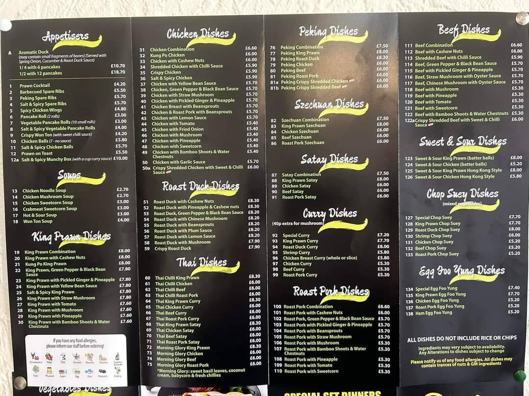 Menu at River Jade restaurant, Dunoon