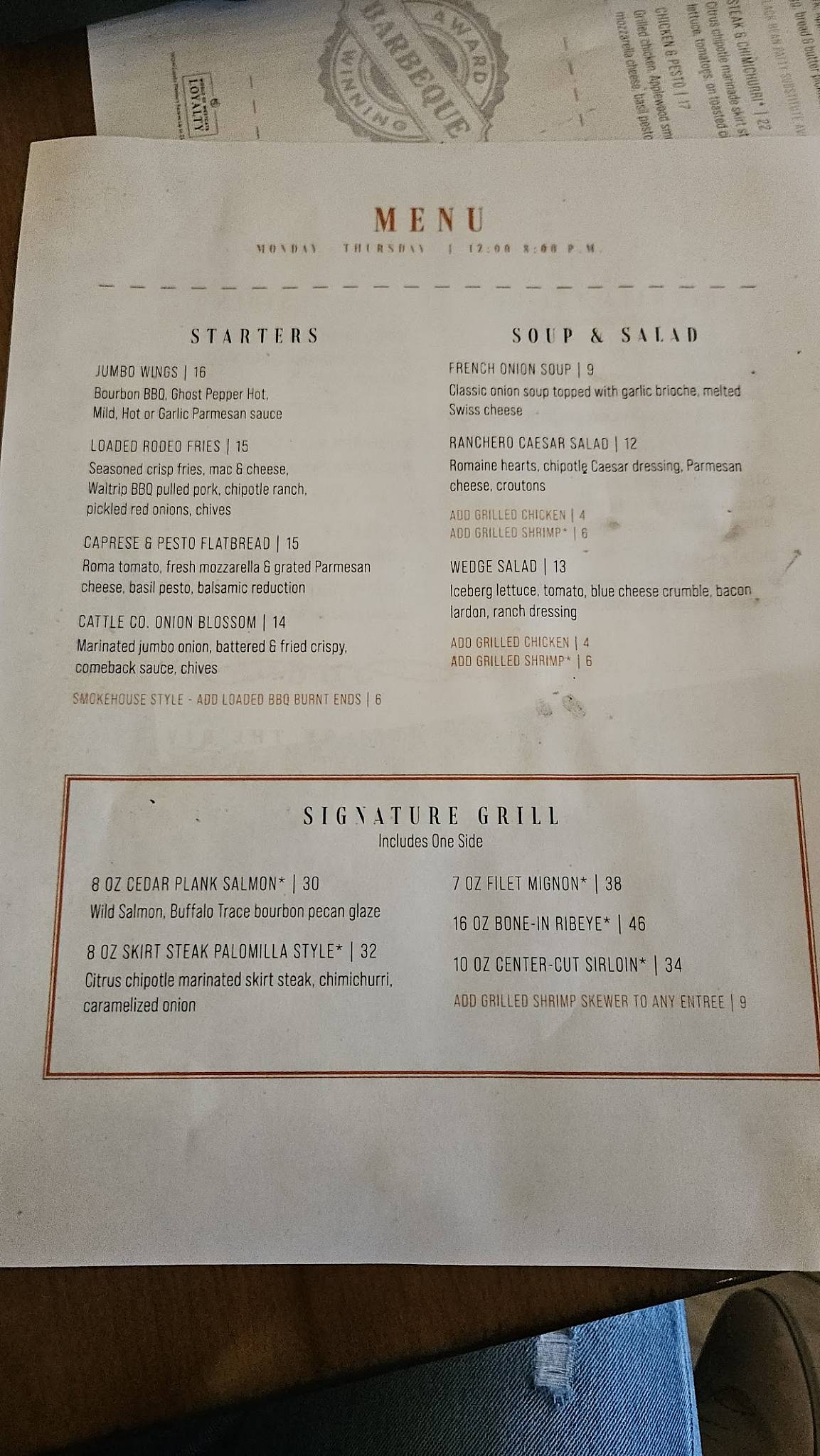 Menu at River Ranch Cattle Company pub & bar, USA