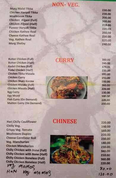 Menu at River Wind Café, Manali
