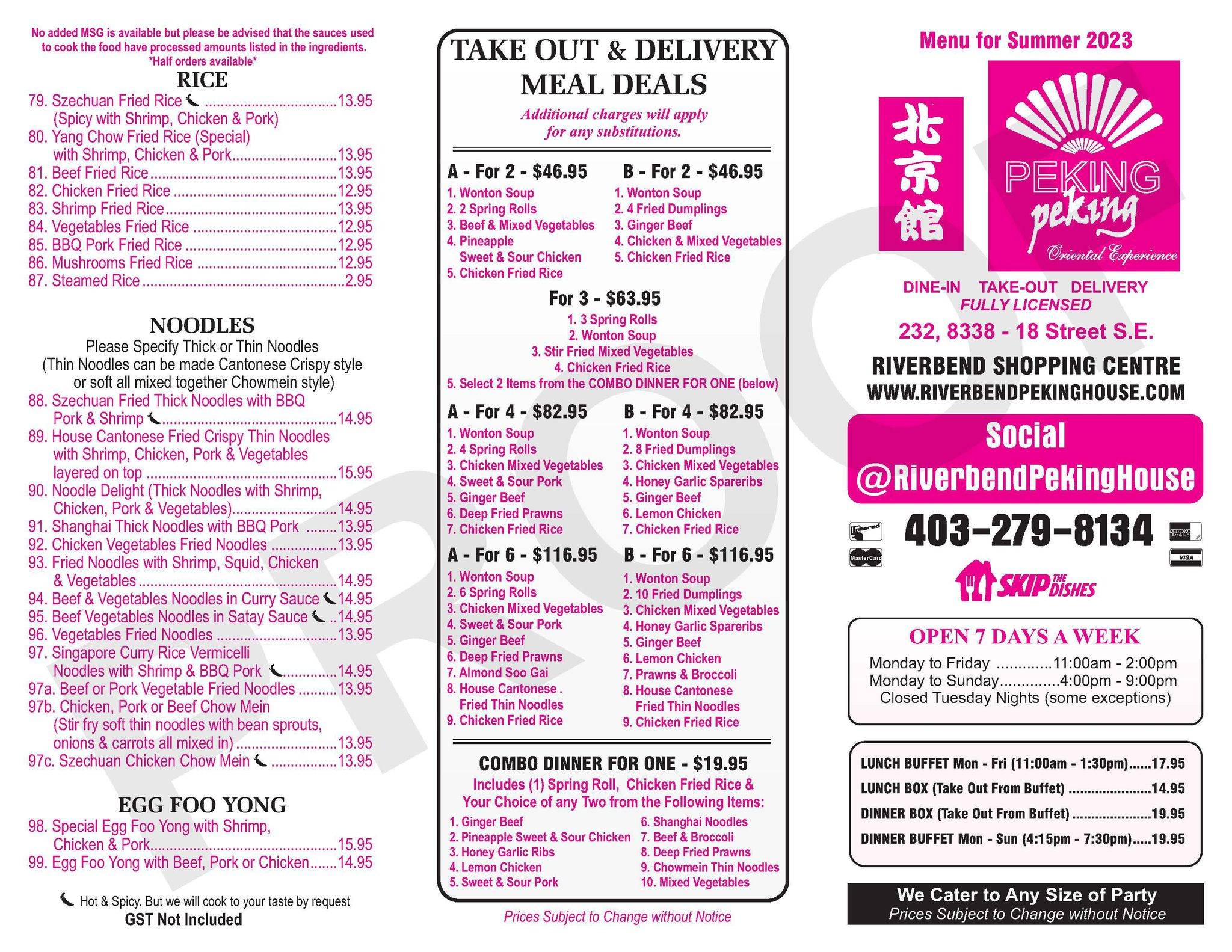 Menu at Riverbend Peking House aka Peking Peking restaurant, Calgary