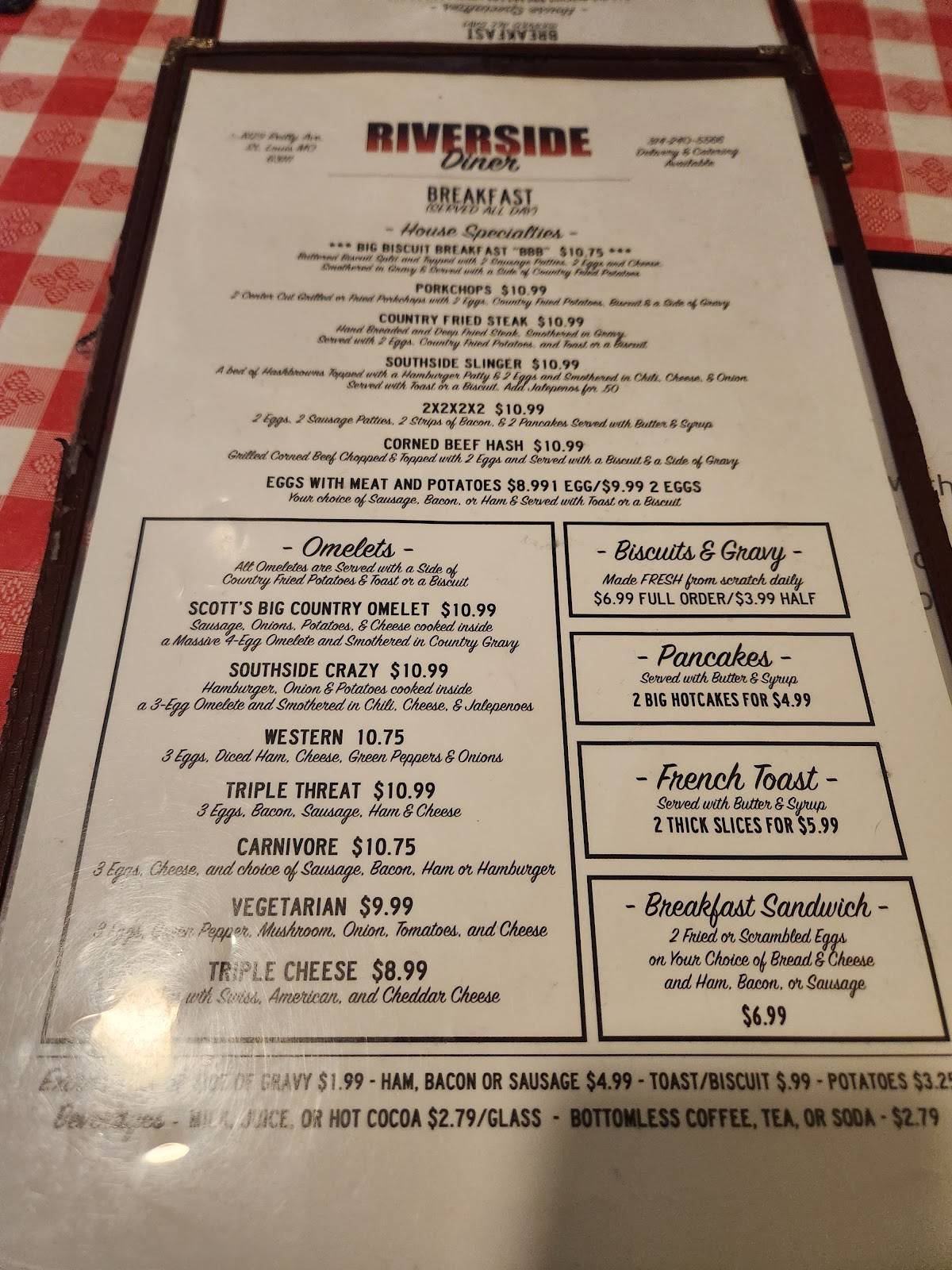 Menu at Riverside Diner restaurant, St. Louis, Reilly Ave
