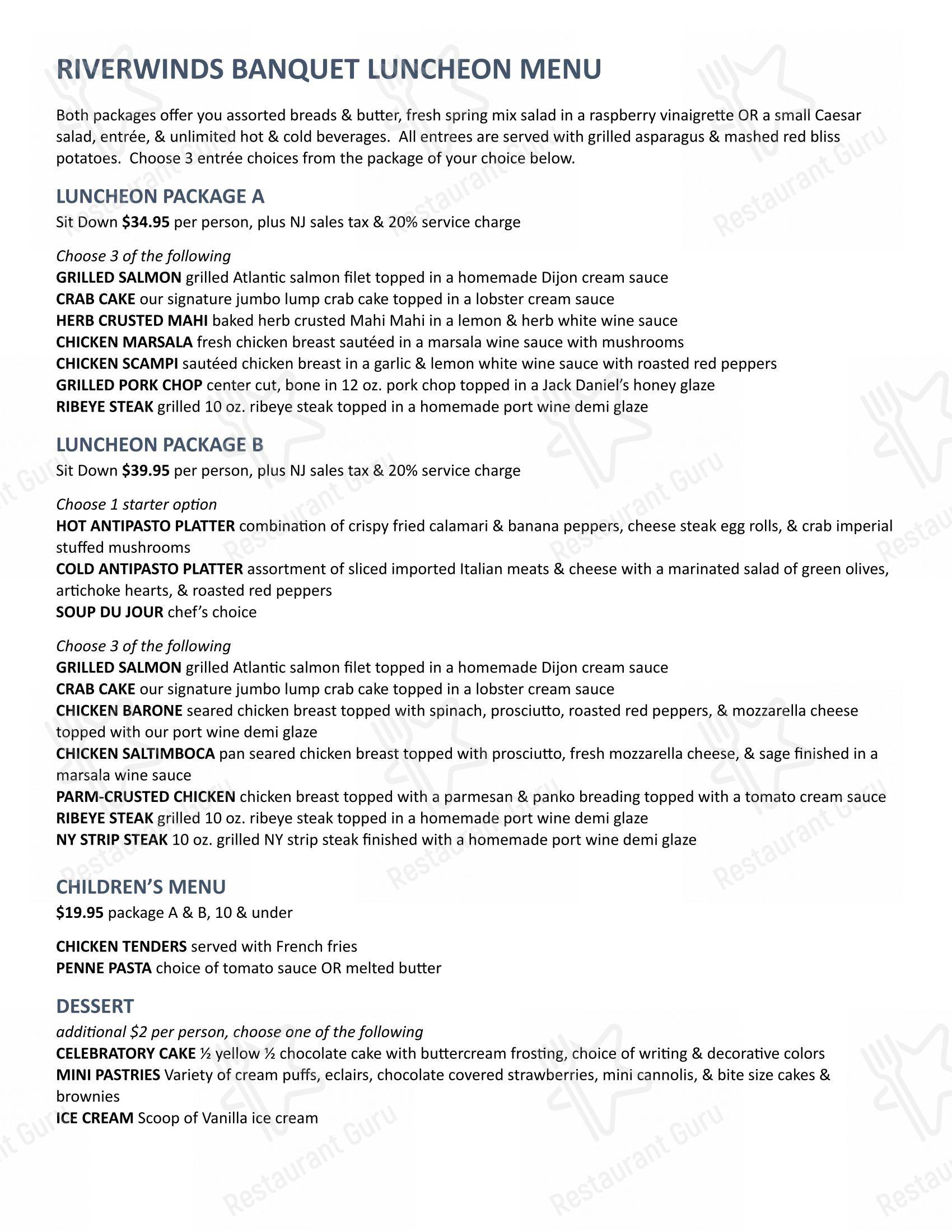 Menu at Riverwinds Restaurant, West Deptford, Riverwinds Dr