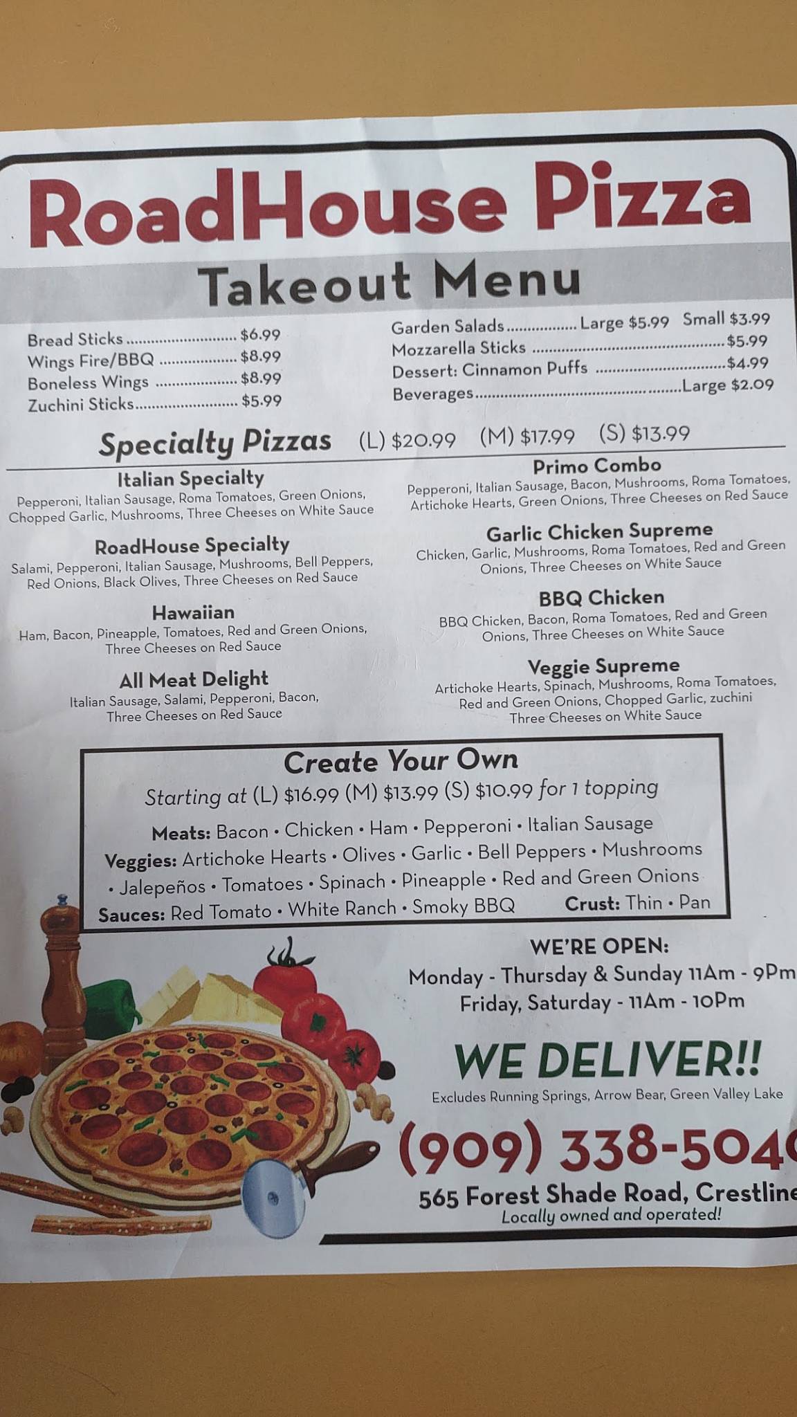 Menu at Road House Pizza pizzeria, Crestline