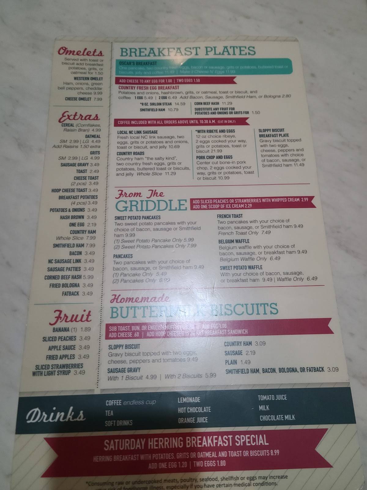 Menu at Oscar's Restaurant, Roanoke Rapids