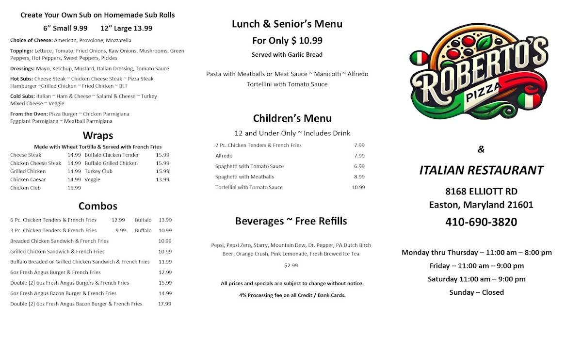 Menu at Roberto's Pizza & Italian Restaurant, Easton