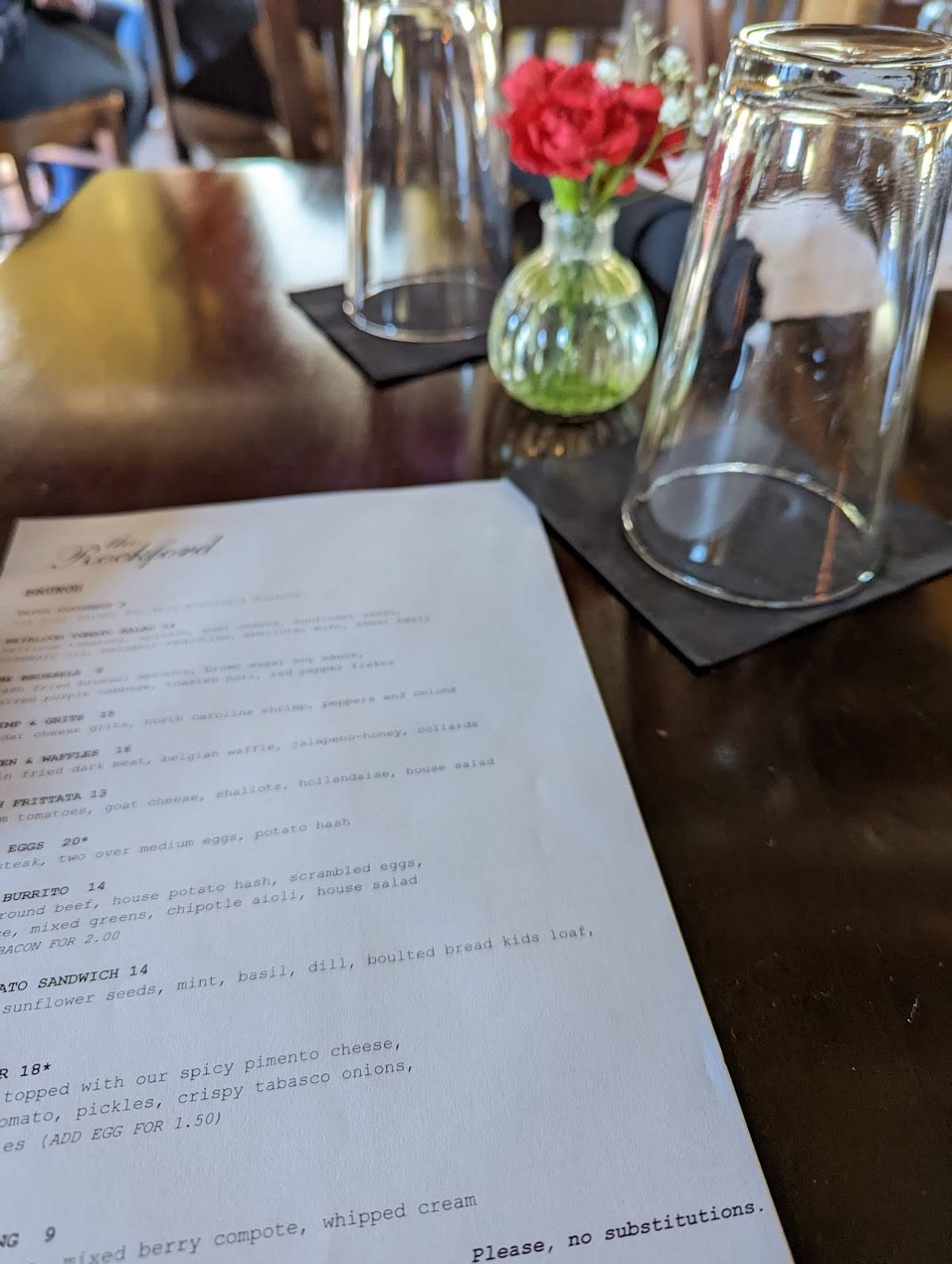 Menu at Rockford restaurant, Raleigh