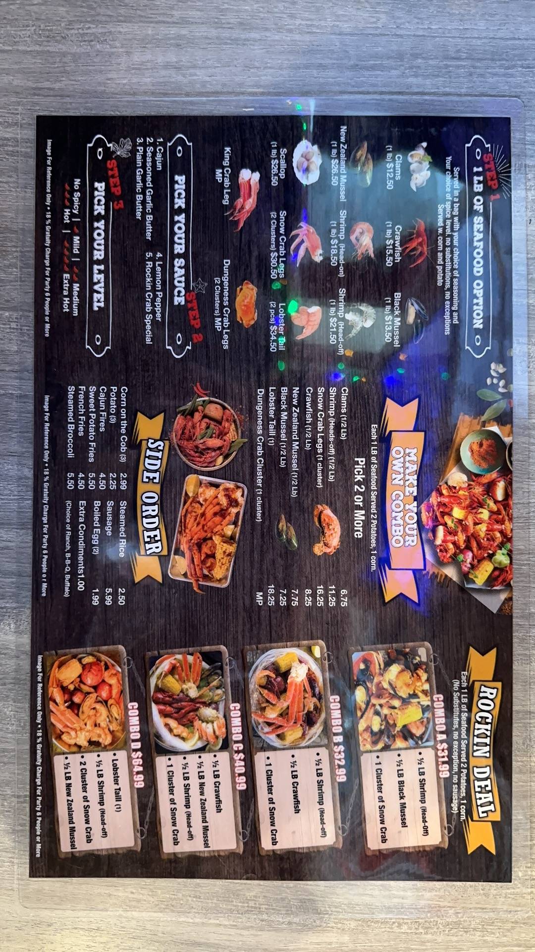 Menu at Rockin crab seafood bar, Fayetteville