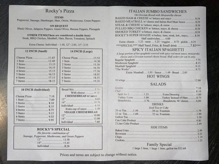 Menu at Rocky's Pizza Greeneville pizzeria, Greeneville