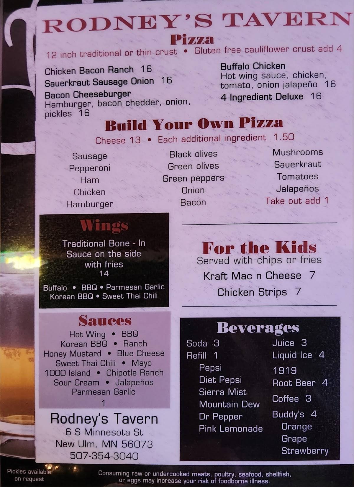 Menu at Rodney's Tavern pub & bar, New Ulm