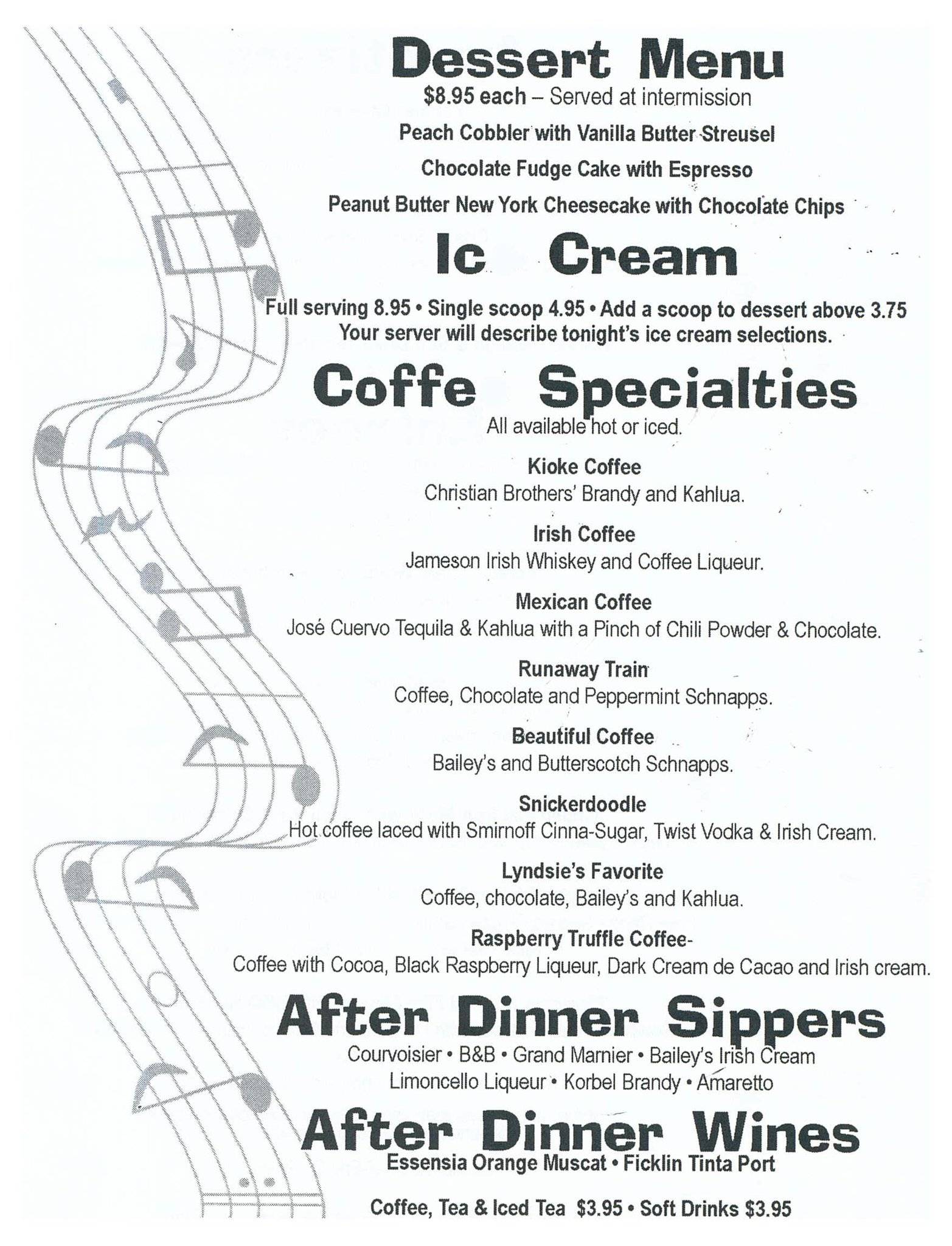 Menu at Roger Rocka's Dinner Theater restaurant, Fresno