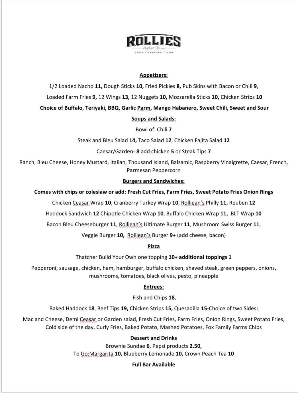 Menu at Rollie's Bar and Grill, Belfast