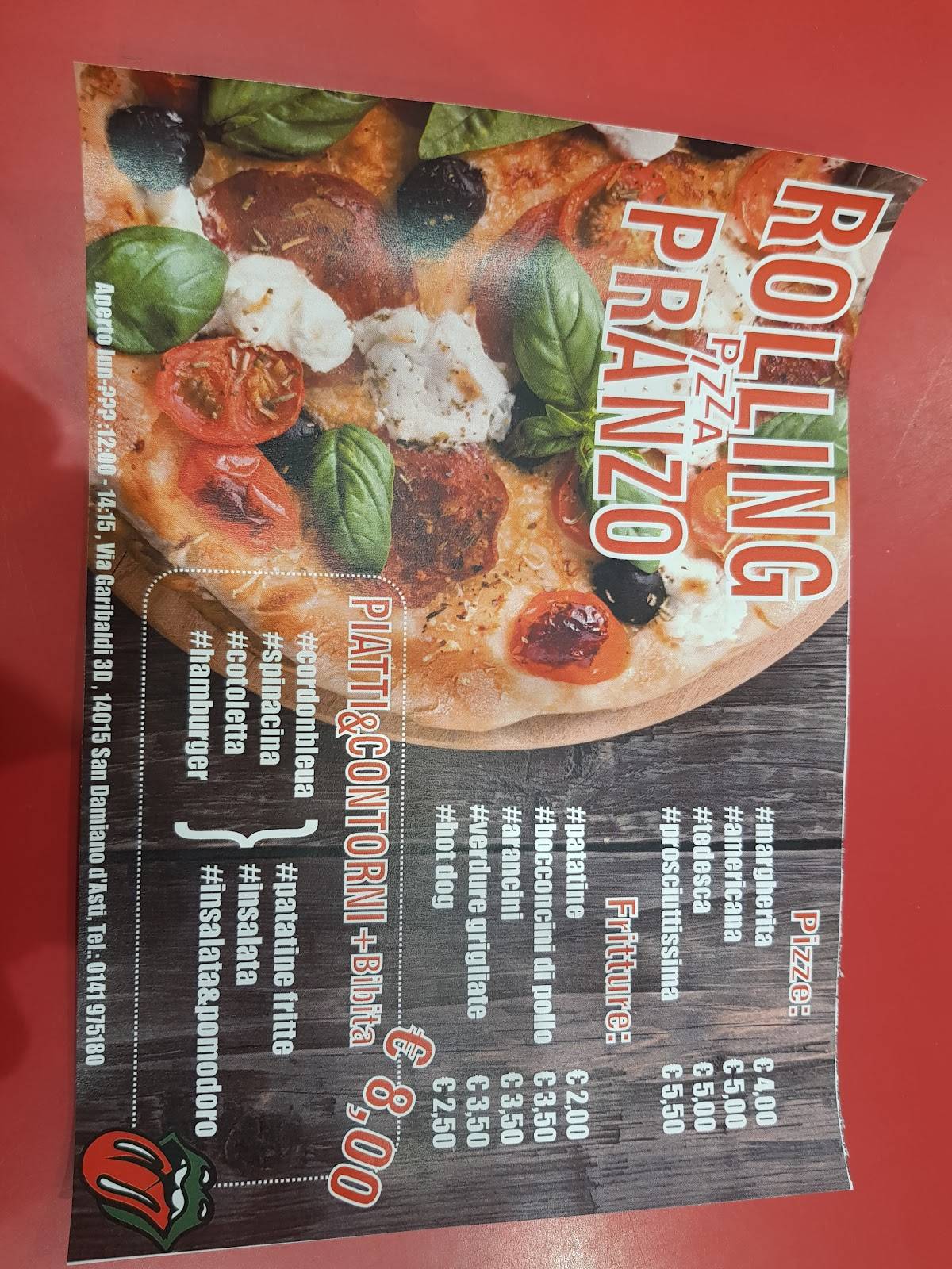 Menu at Rolling Pizza pizzeria, San Damiano d'Asti