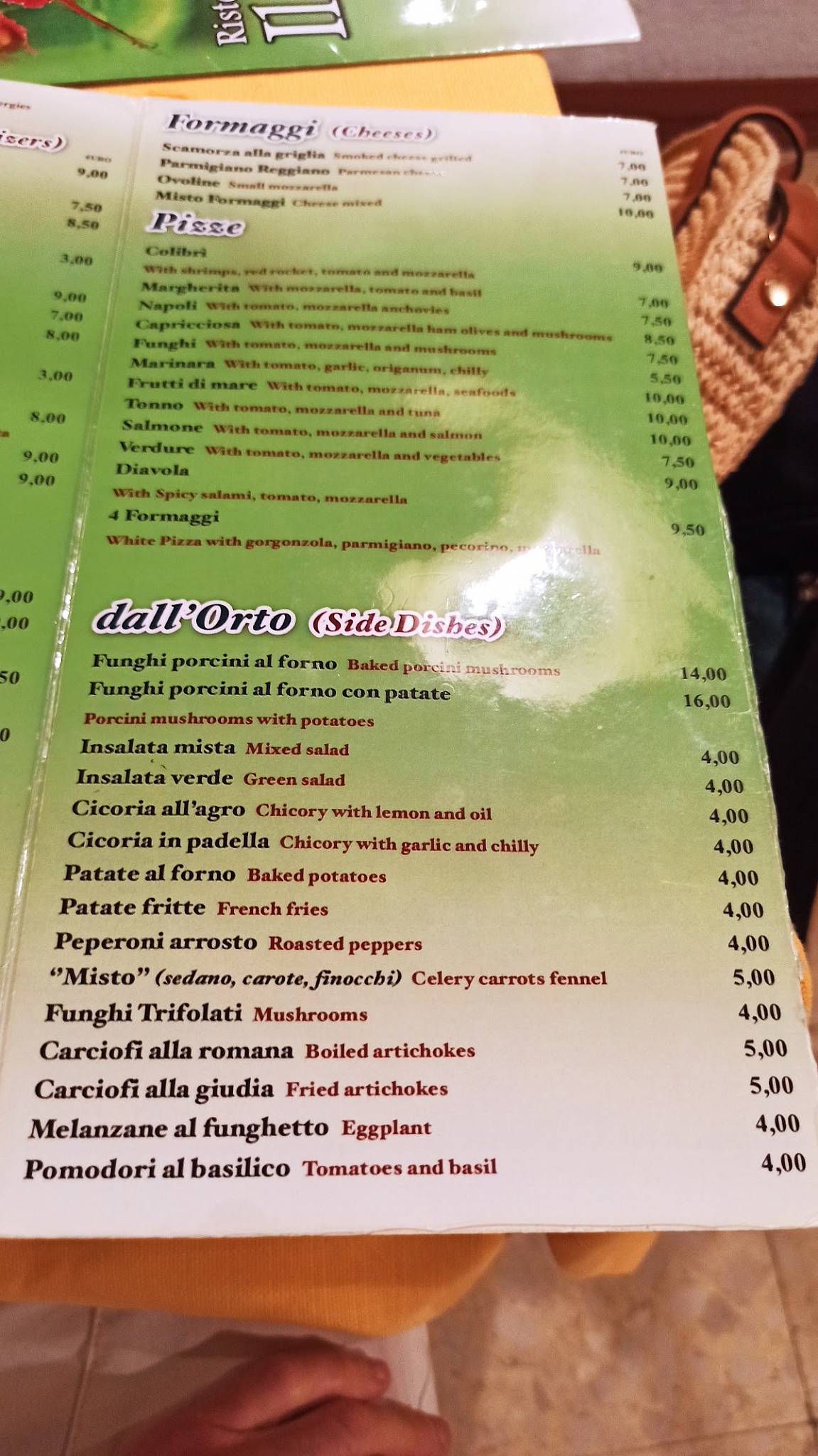Menu at Il Colibrì restaurant, Rome
