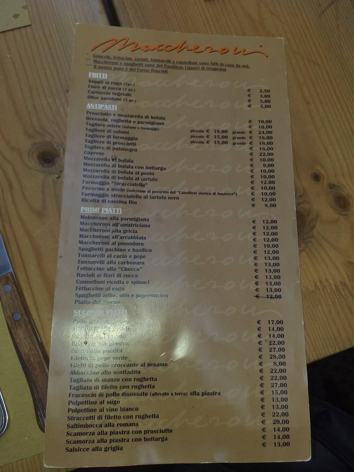 Menu at Maccheroni restaurant, Rome, Piazza delle Coppelle