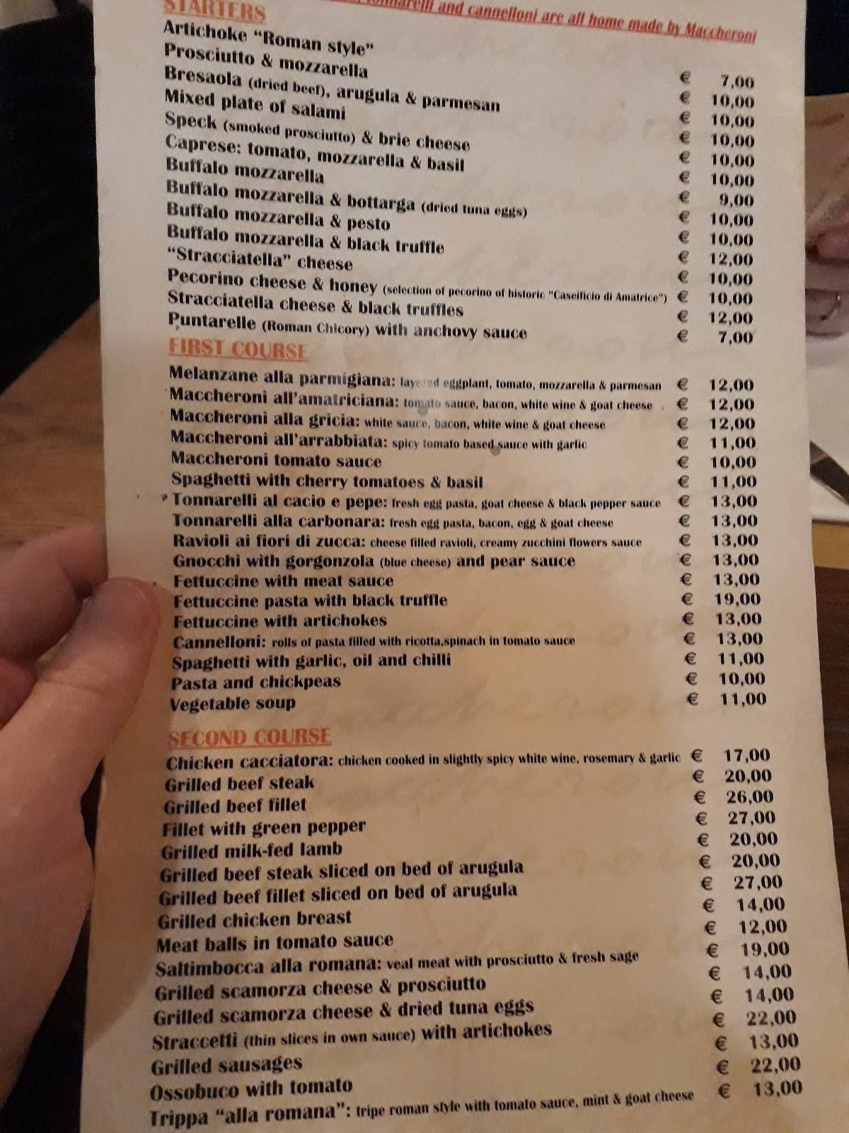 Menu at Maccheroni restaurant, Rome, Piazza delle Coppelle