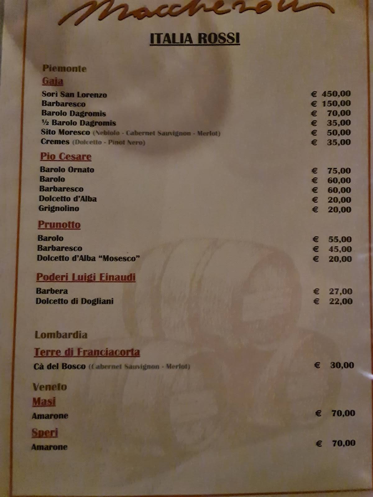 Menu at Maccheroni restaurant, Rome, Piazza delle Coppelle