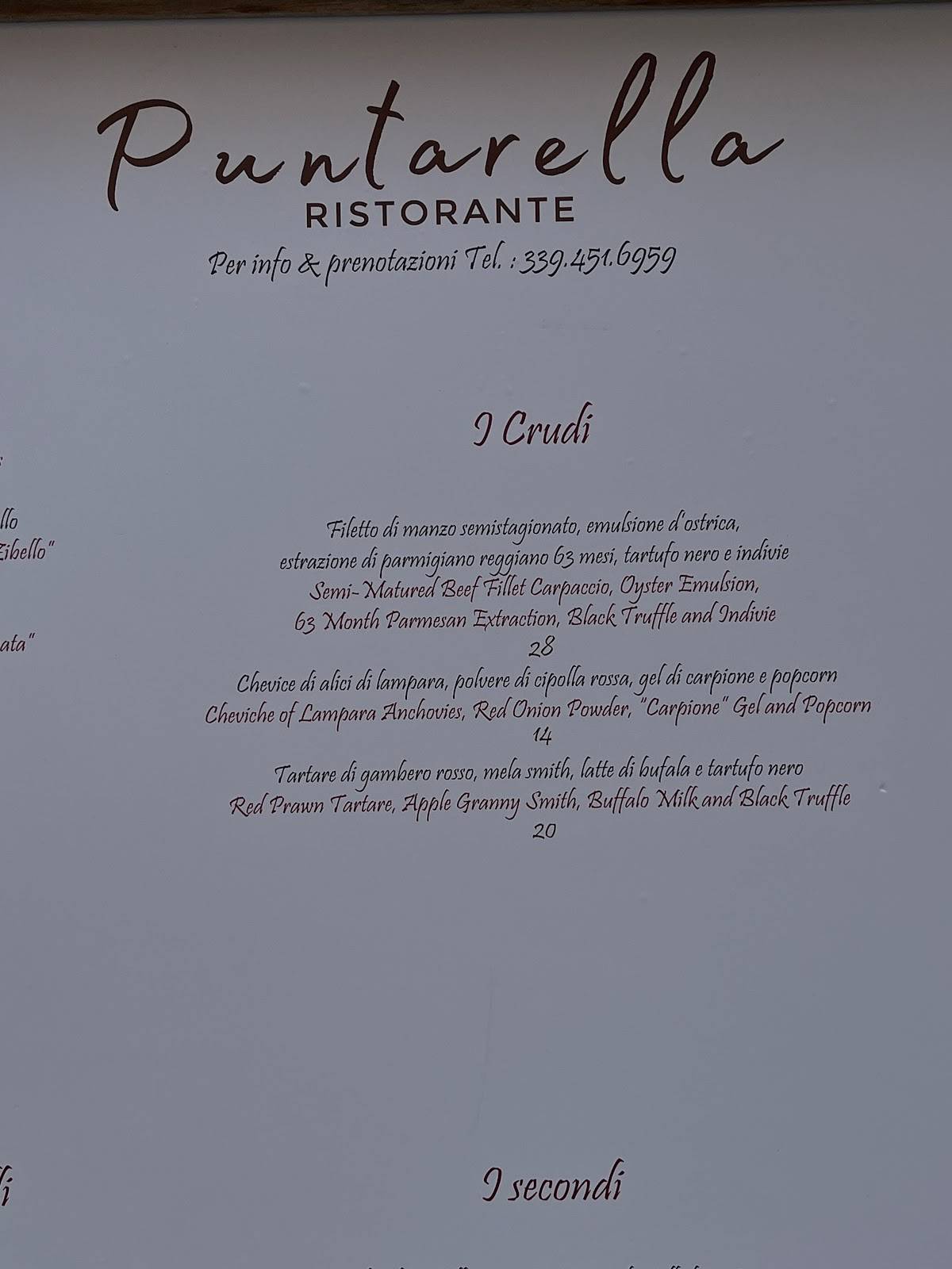 Menu da Ristorante Puntarella, Roma