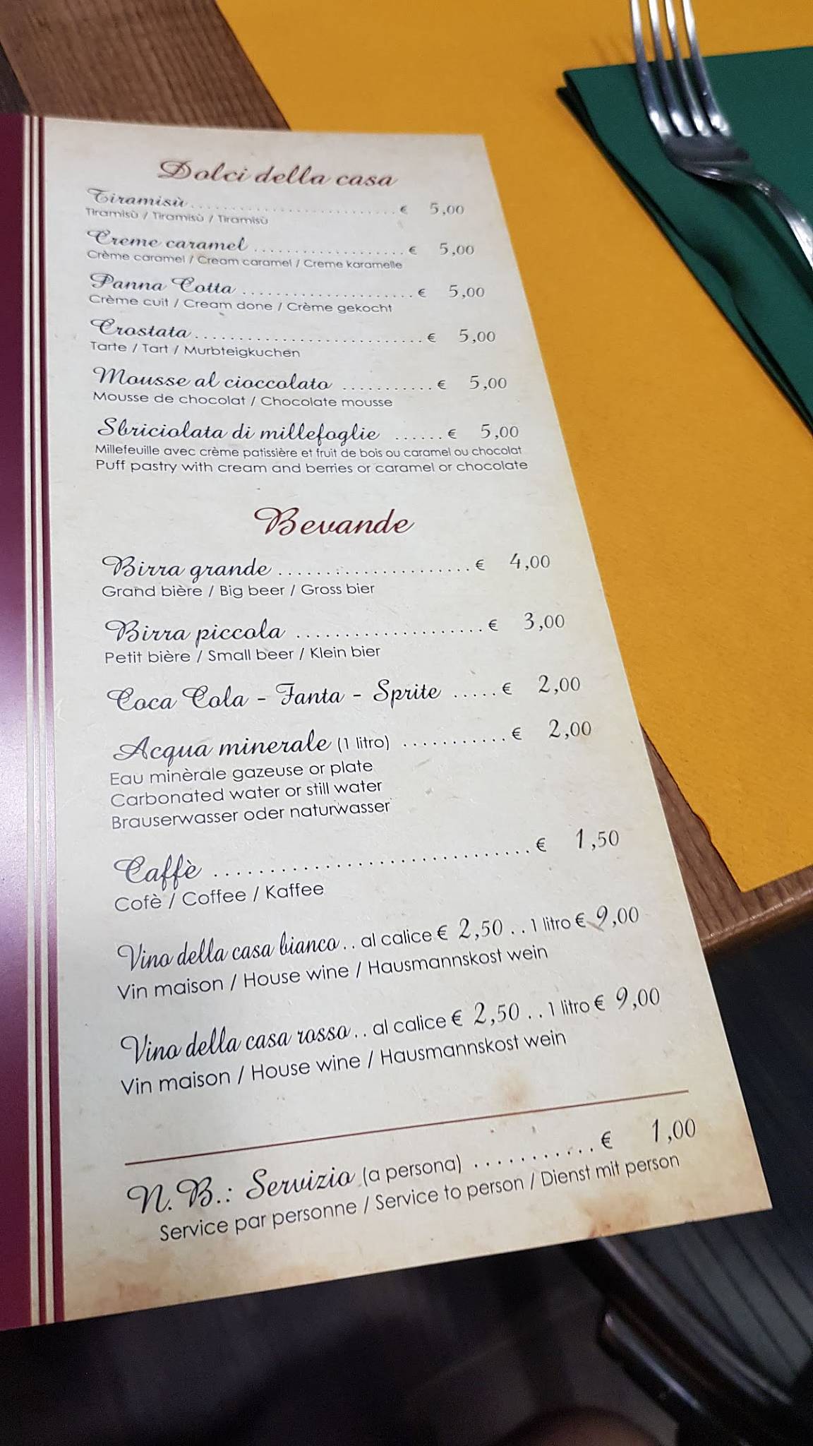 Menu at Sora Lucia restaurant, Rome
