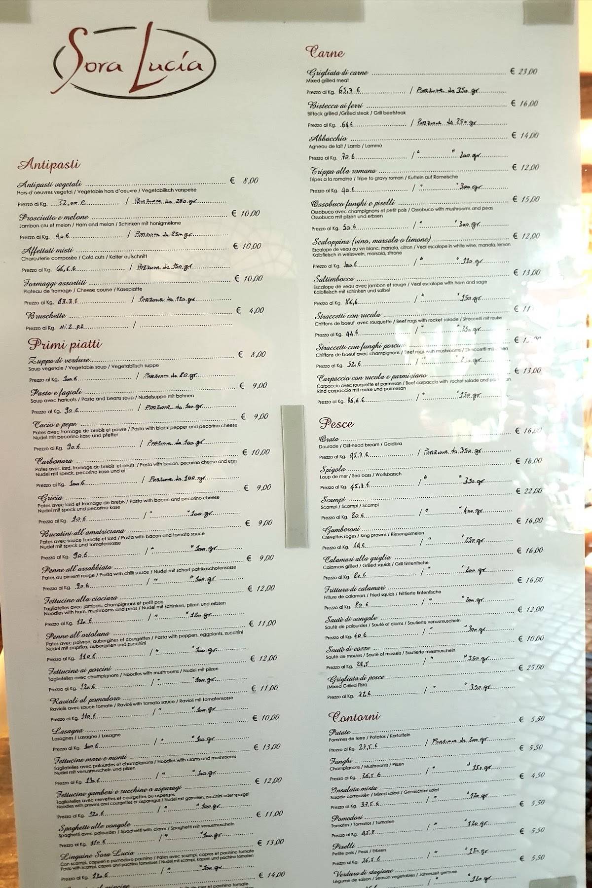 Menu at Sora Lucia restaurant, Rome