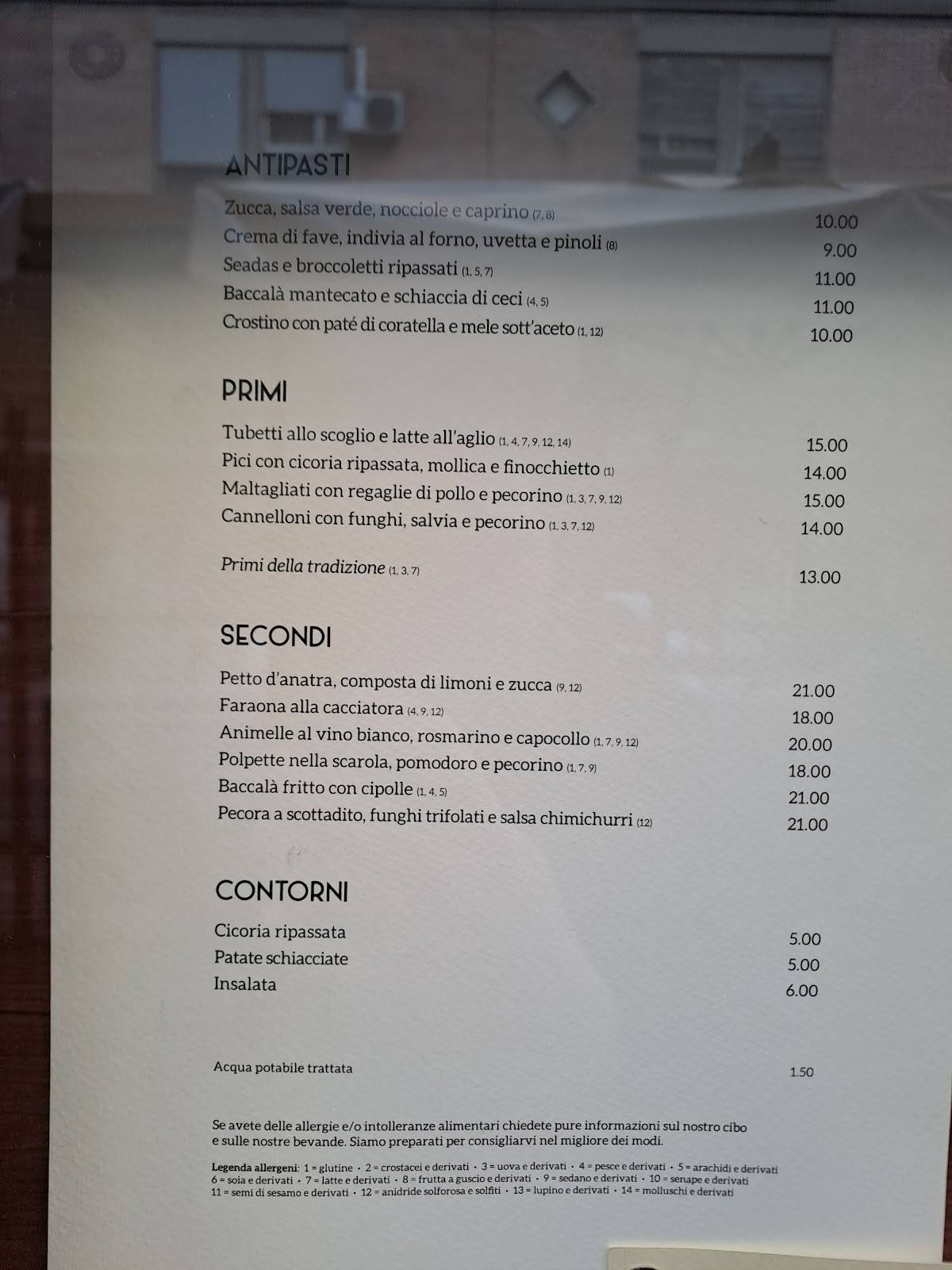 Menu at Trattoria Pennestri restaurant, Rome