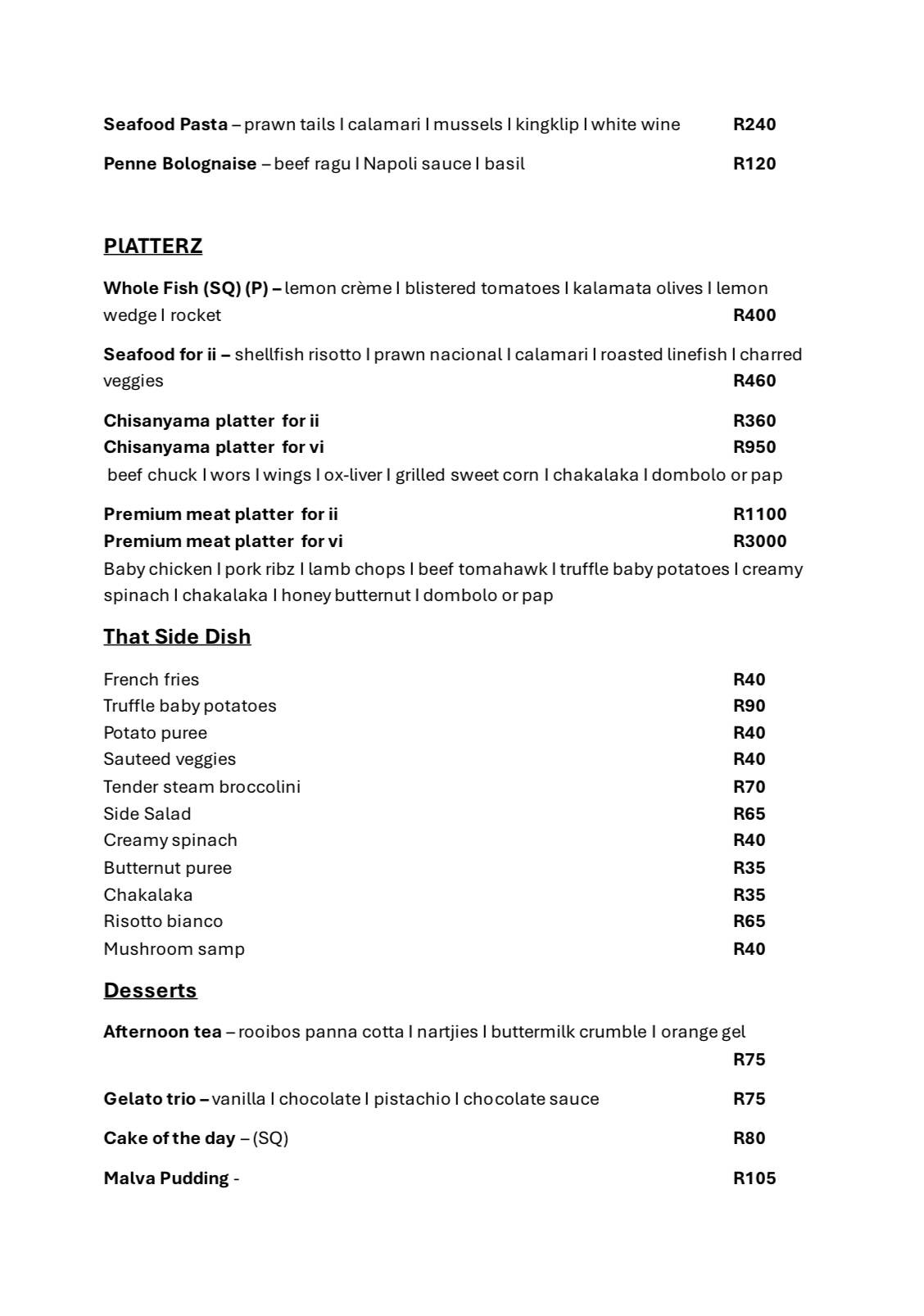 Menu at LUMO lounge&living RUIMSIG, Roodepoort