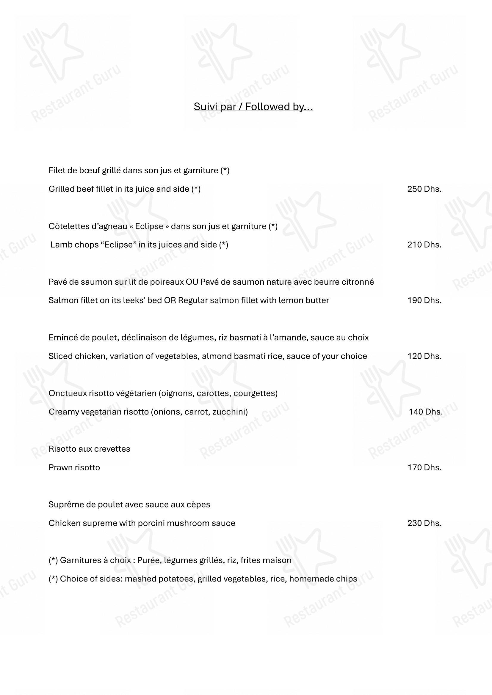 Menu au Rooftop Eclipse restaurant, Marrakech