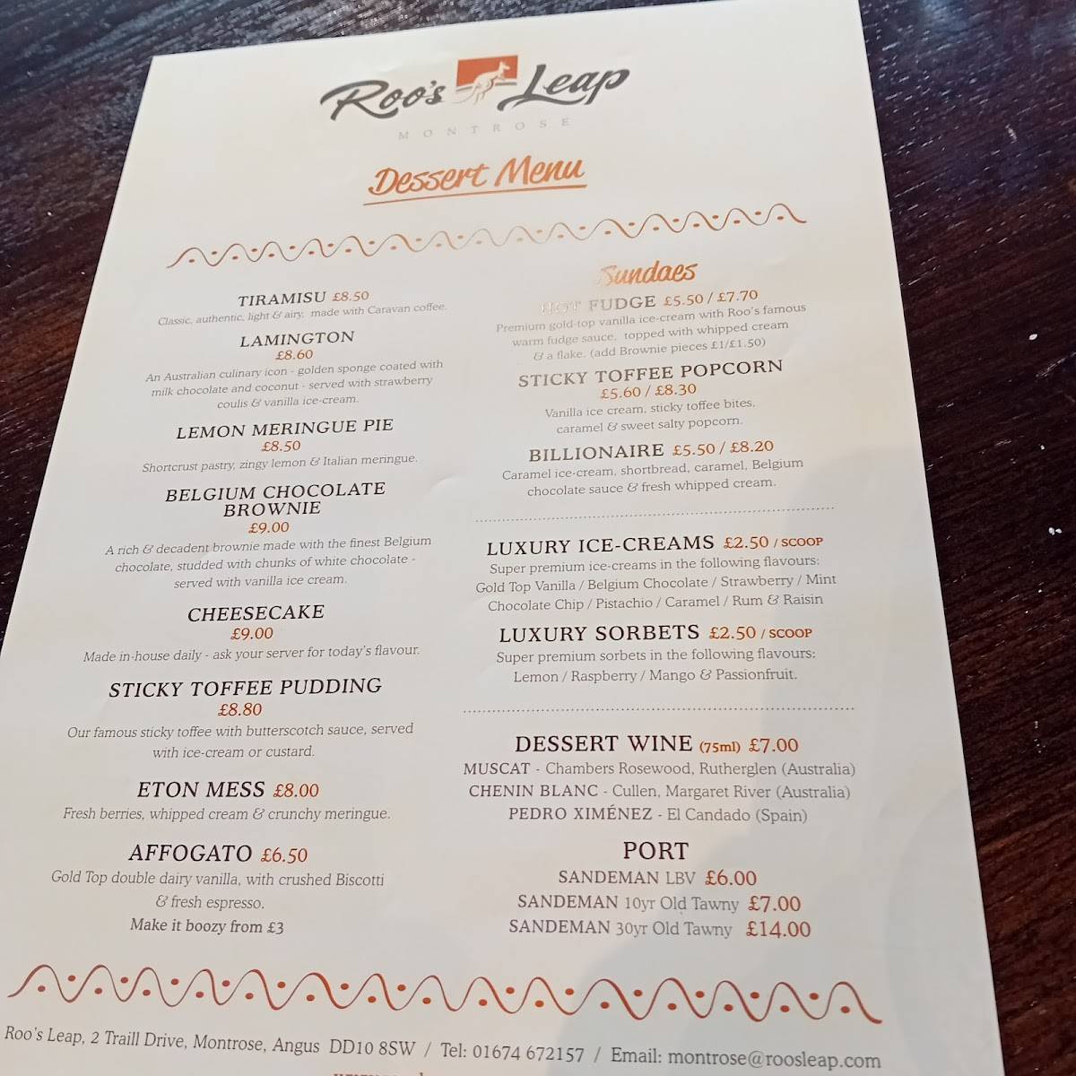 Menu at Roo's Leap Montrose Ltd. restaurant, Montrose