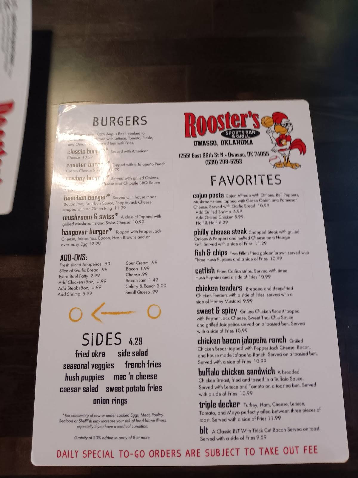 Menu at Roosters Sports Bar & Grill - Owasso, Owasso