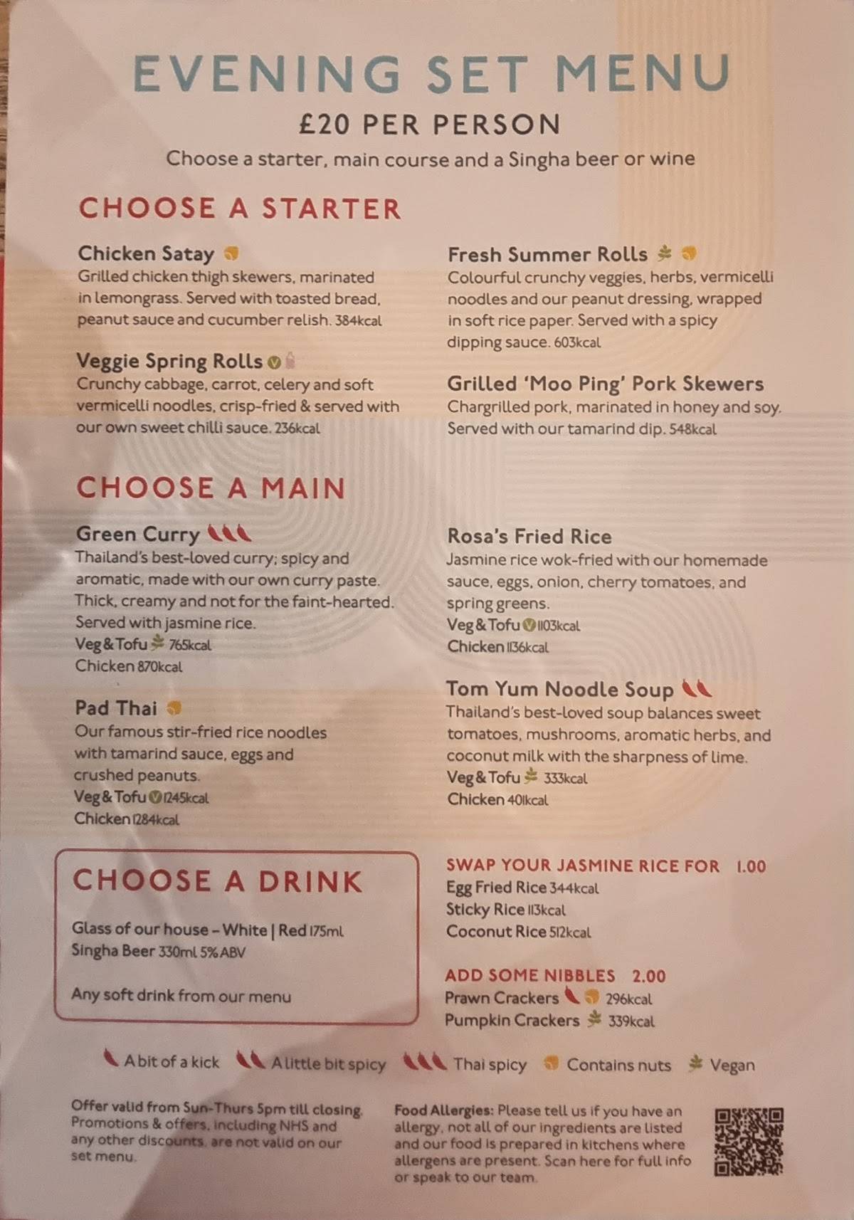 Menu at Rosa's Thai restaurant, London