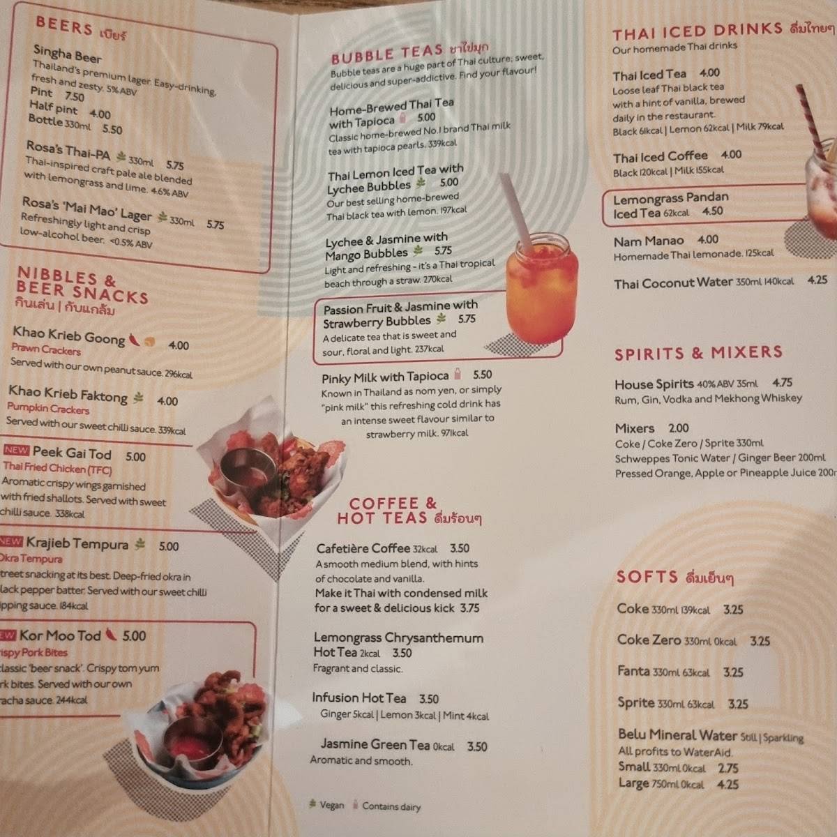 Menu at Rosa's Thai restaurant, London