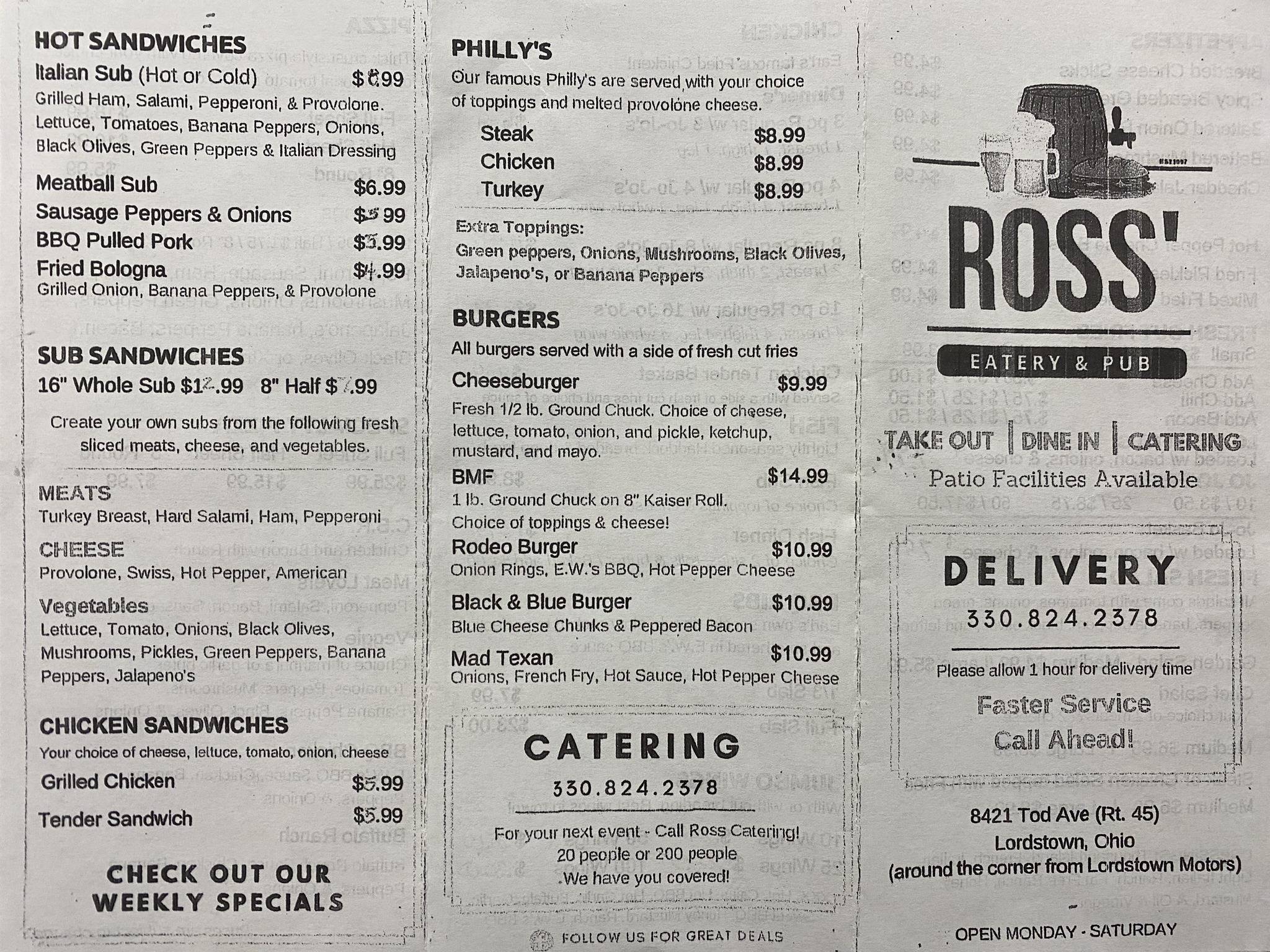 Menu at Ross' Eatery and Pub, Lordstown