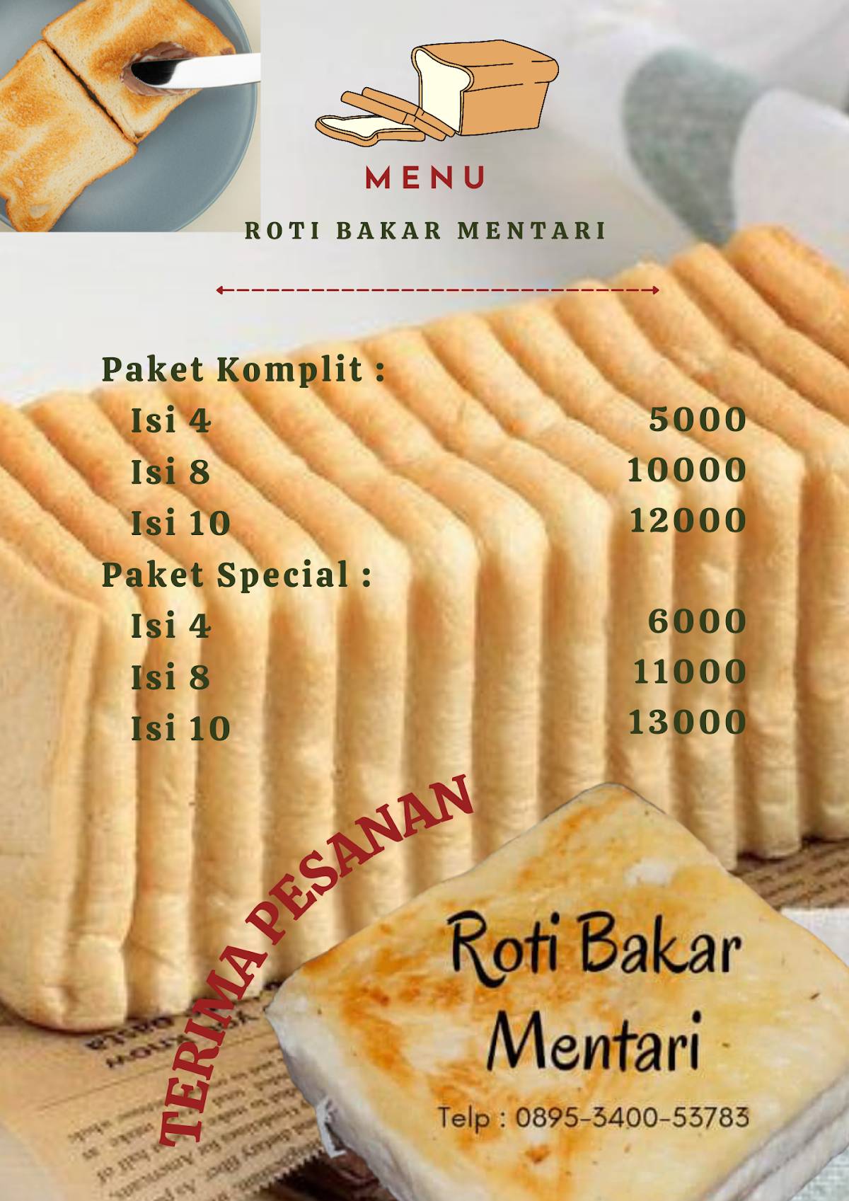 Menu at Roti Bakar Mentari Pasar Griya Samudera Asri cafe, Sidoarjo