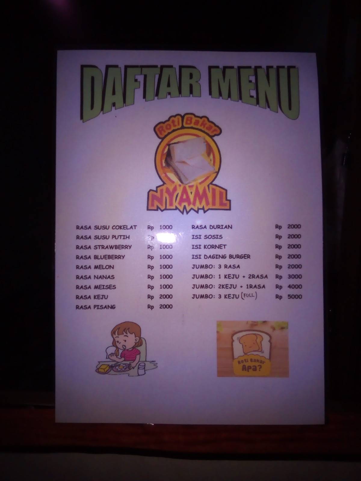 Menu at Roti Bakar Mentari Pasar Griya Samudera Asri cafe, Sidoarjo
