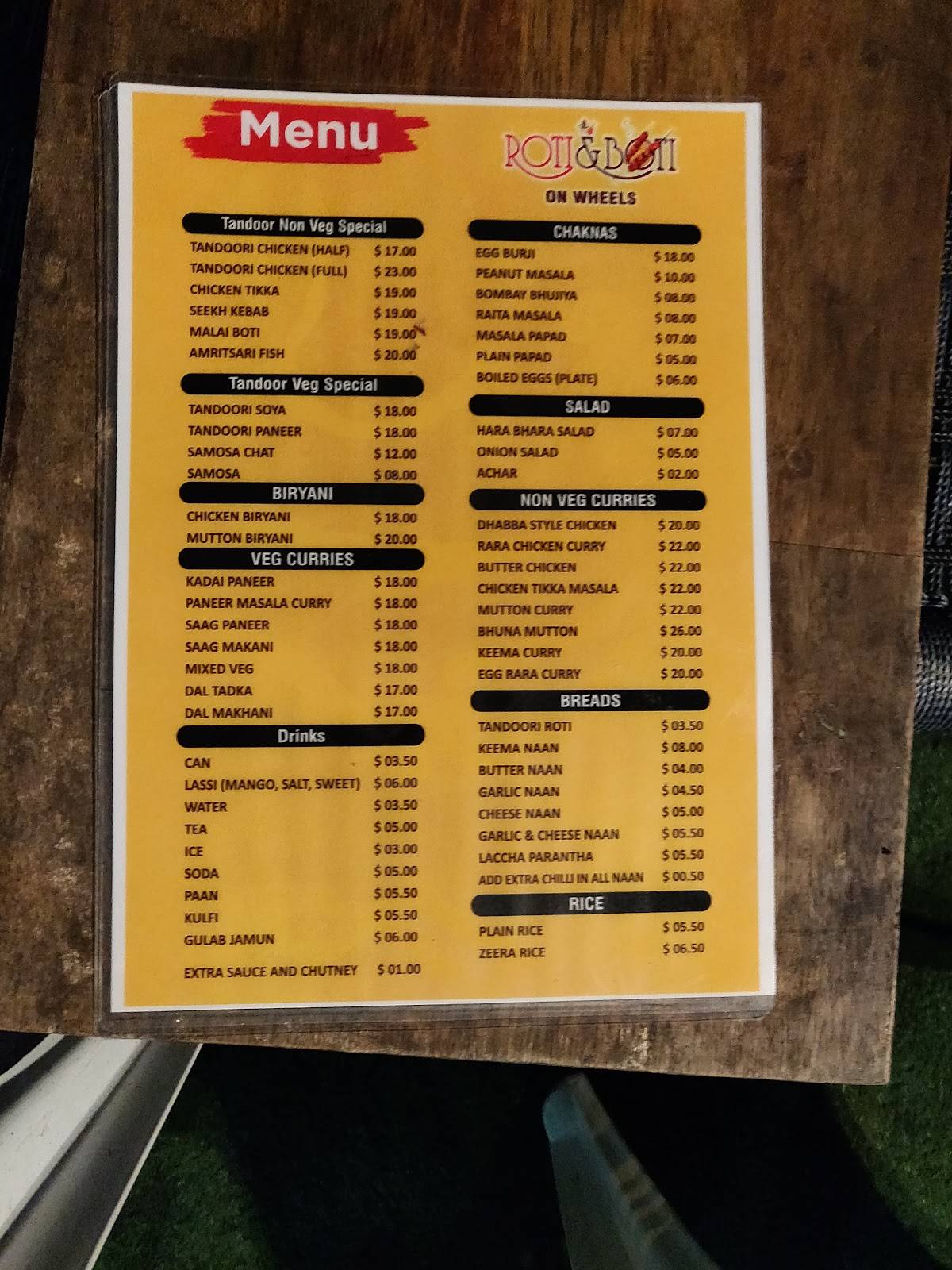 Menu at Roti & Boti & Shisha Lounge restaurant, Constitution Hill