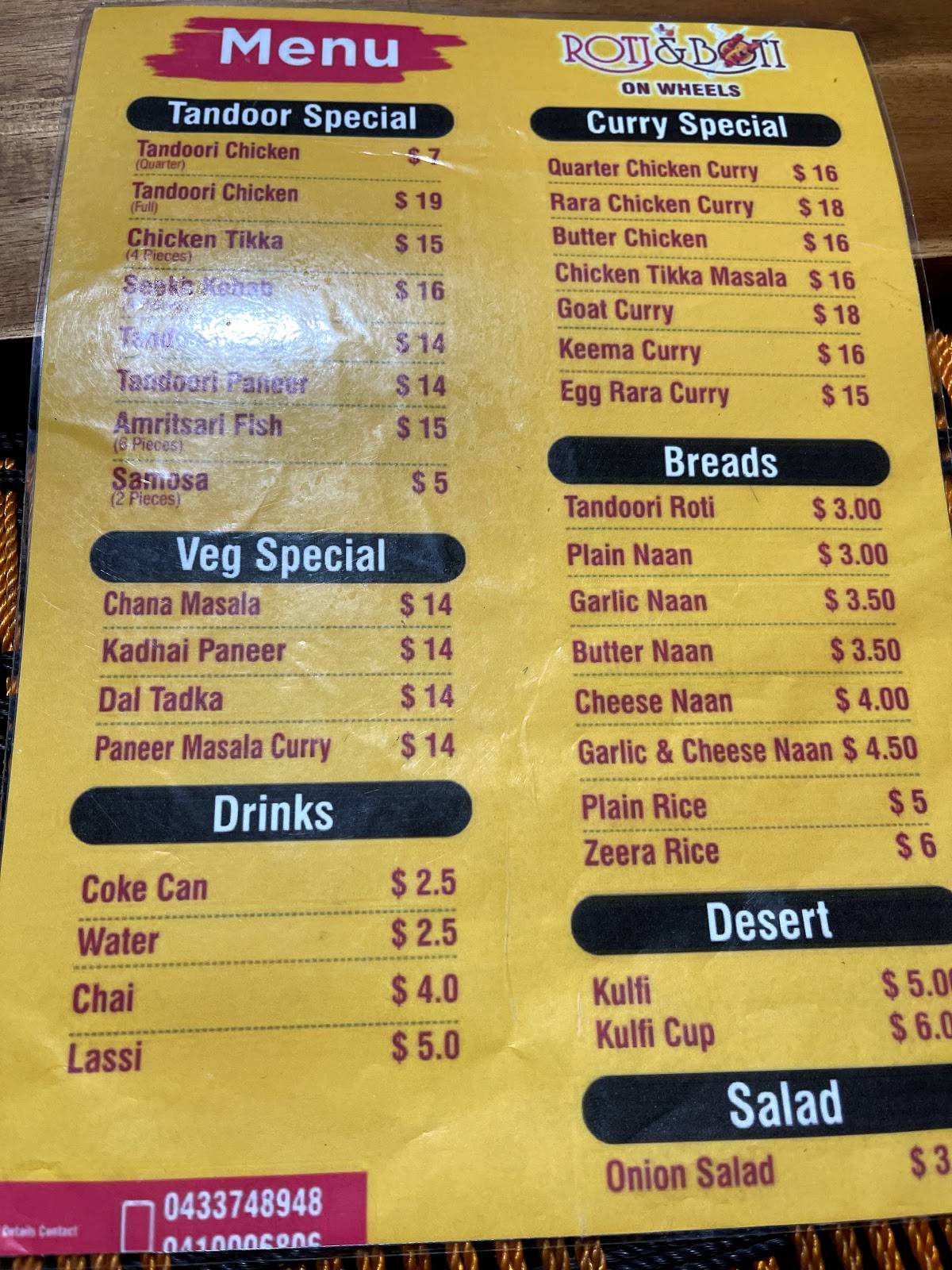 Menu at Roti & Boti & Shisha Lounge restaurant, Constitution Hill