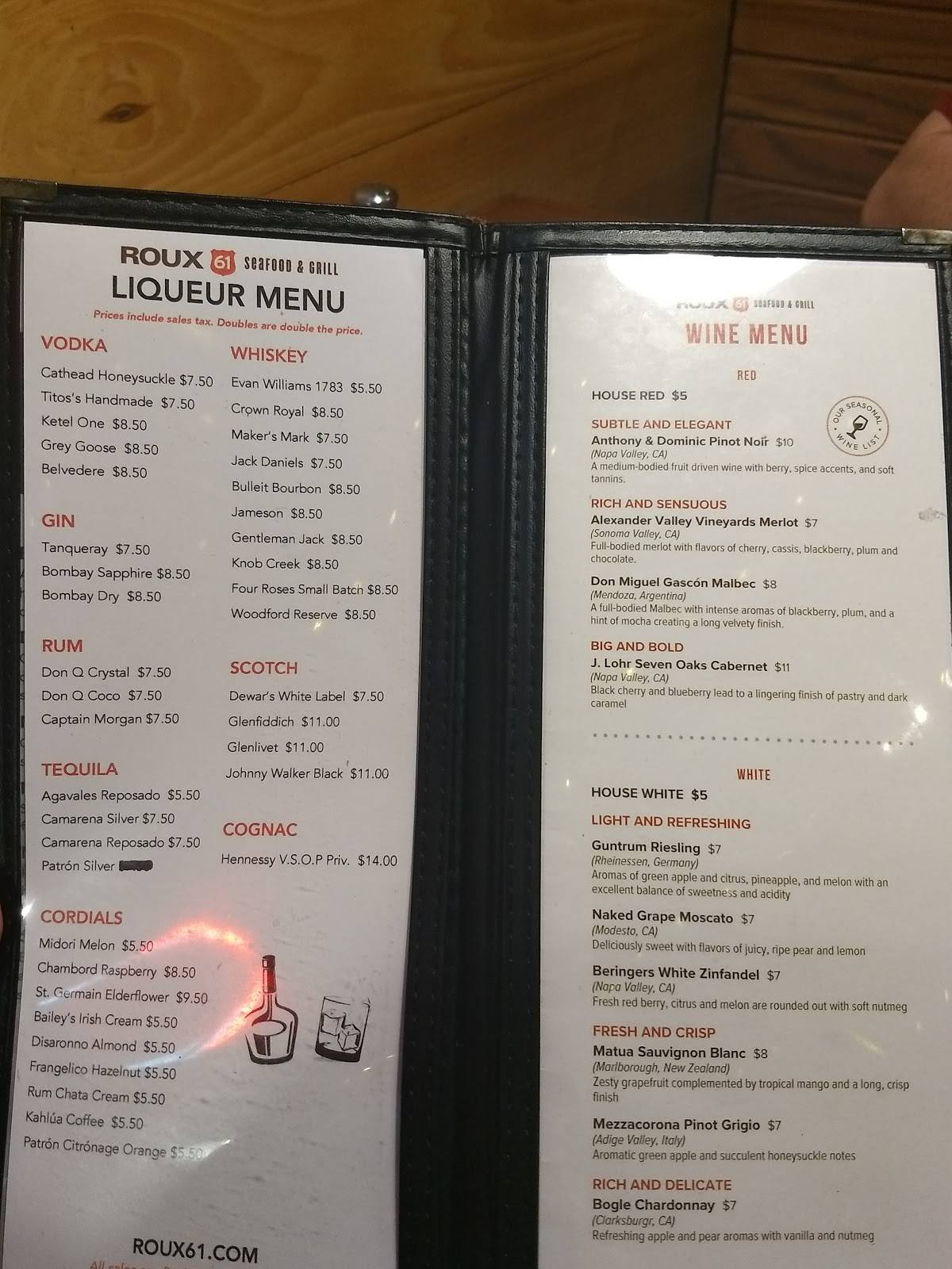 Menu at Roux 61 steakhouse, Natchez