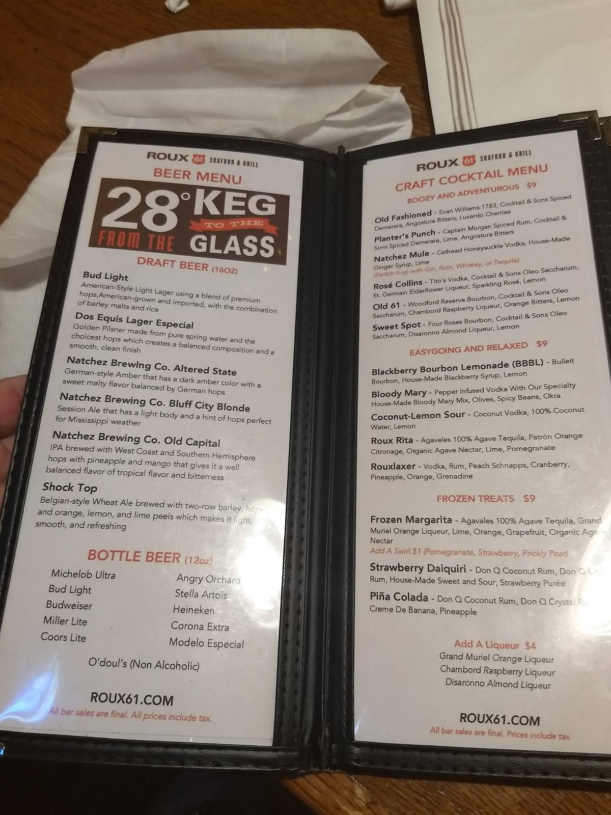 Menu at Roux 61 steakhouse, Natchez