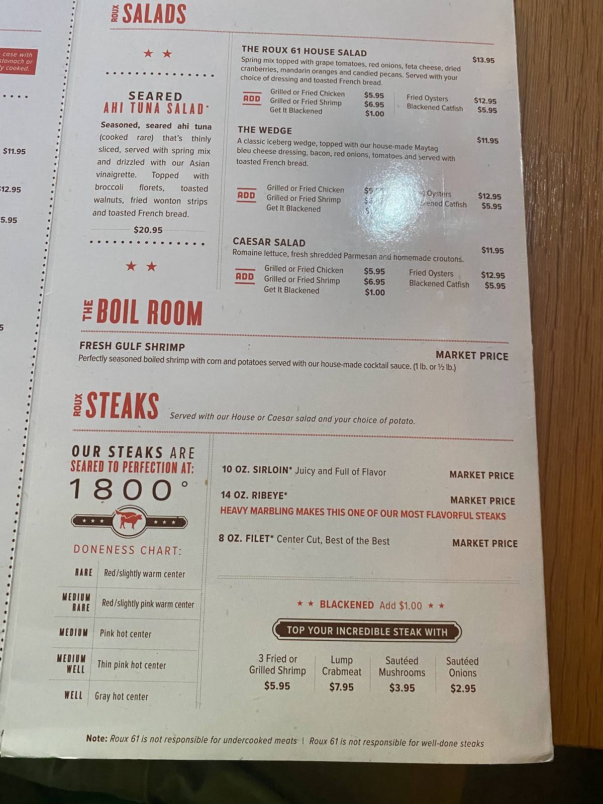 Menu at Roux 61 steakhouse, Natchez