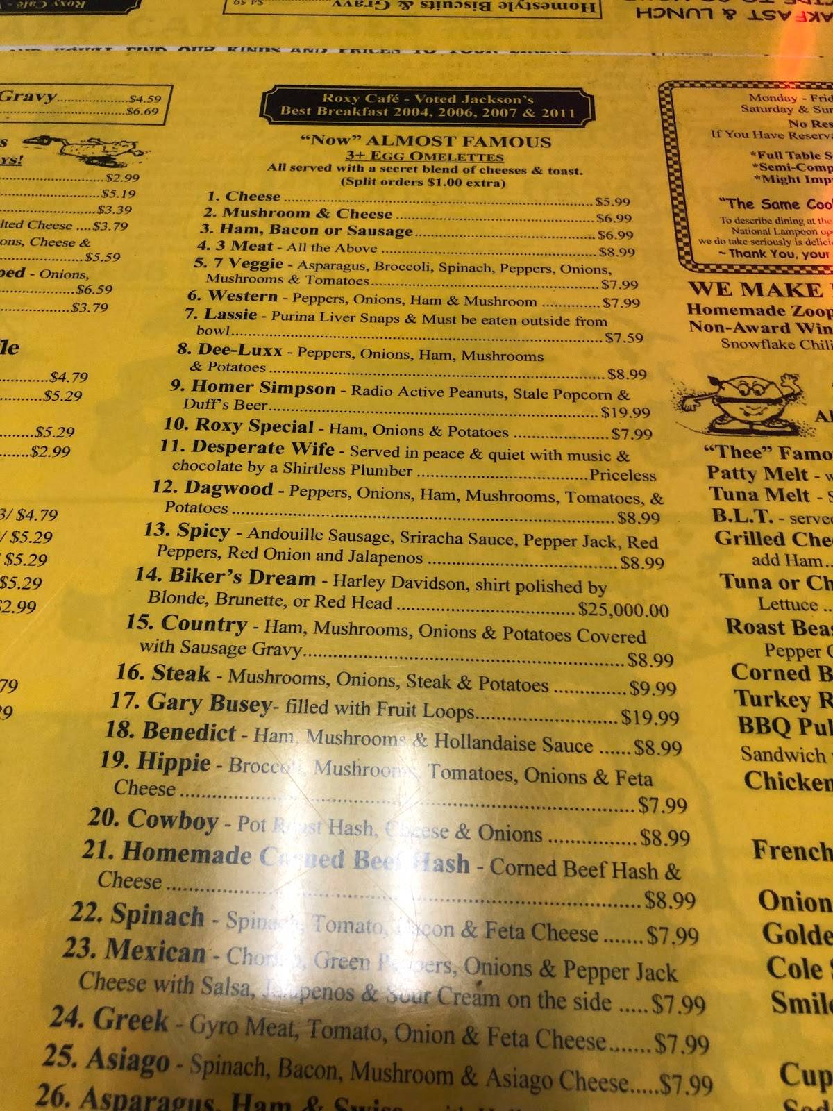 Menu at Roxy Cafe, Jackson