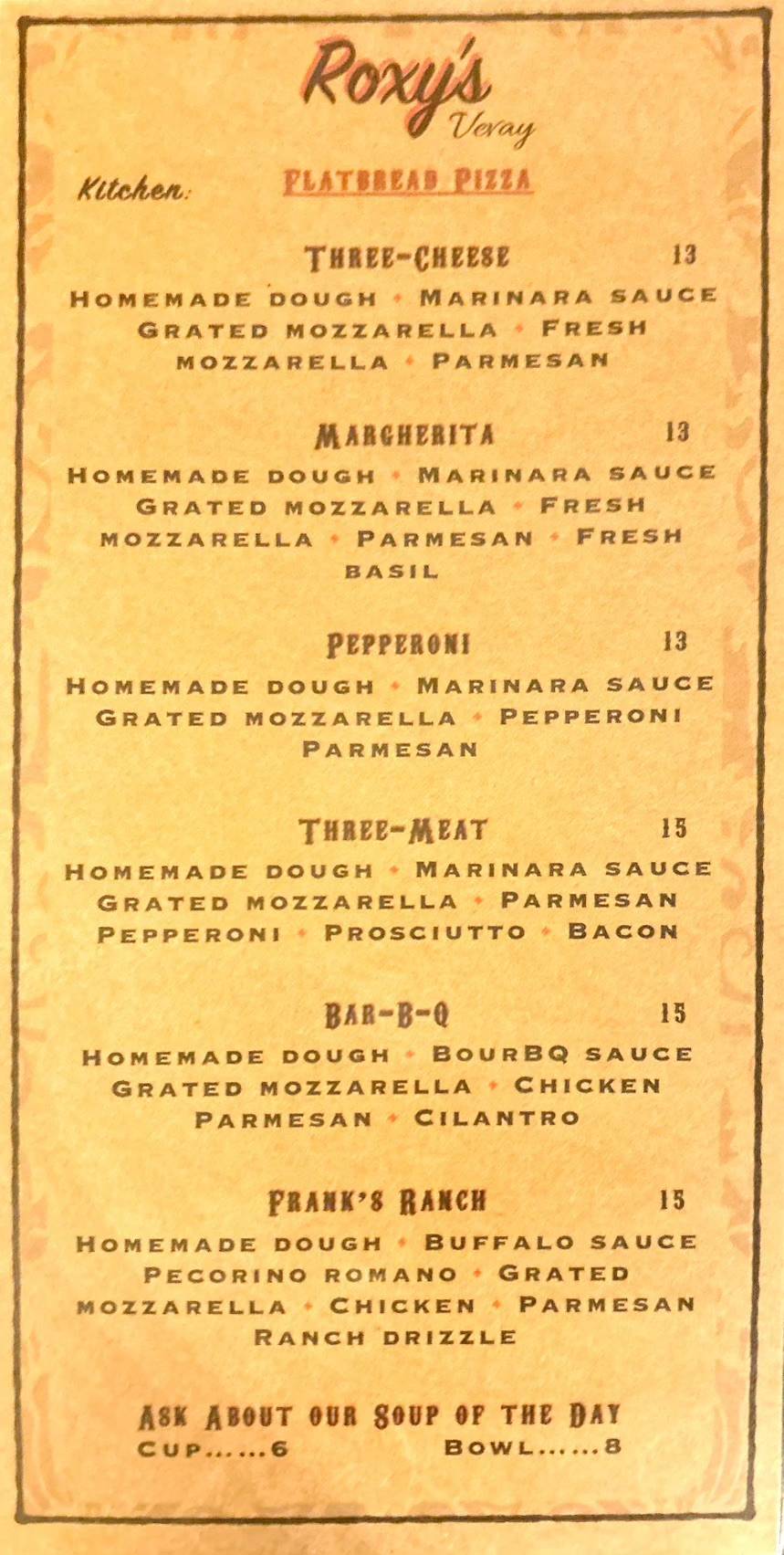 Menu at Roxy’s Vevay pub & bar, Vevay