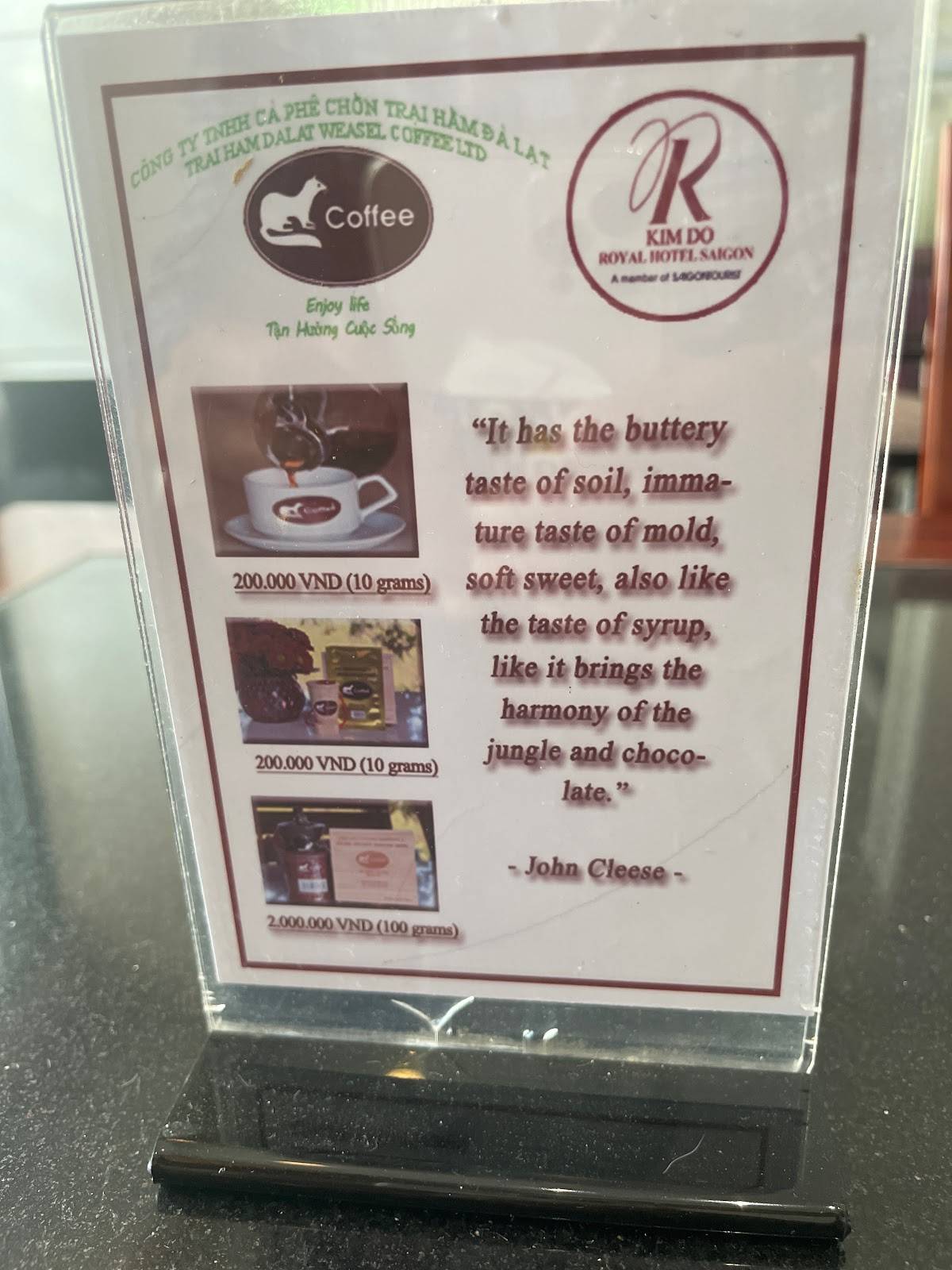 Menu at Royal Cafe, Ho Chi Minh City