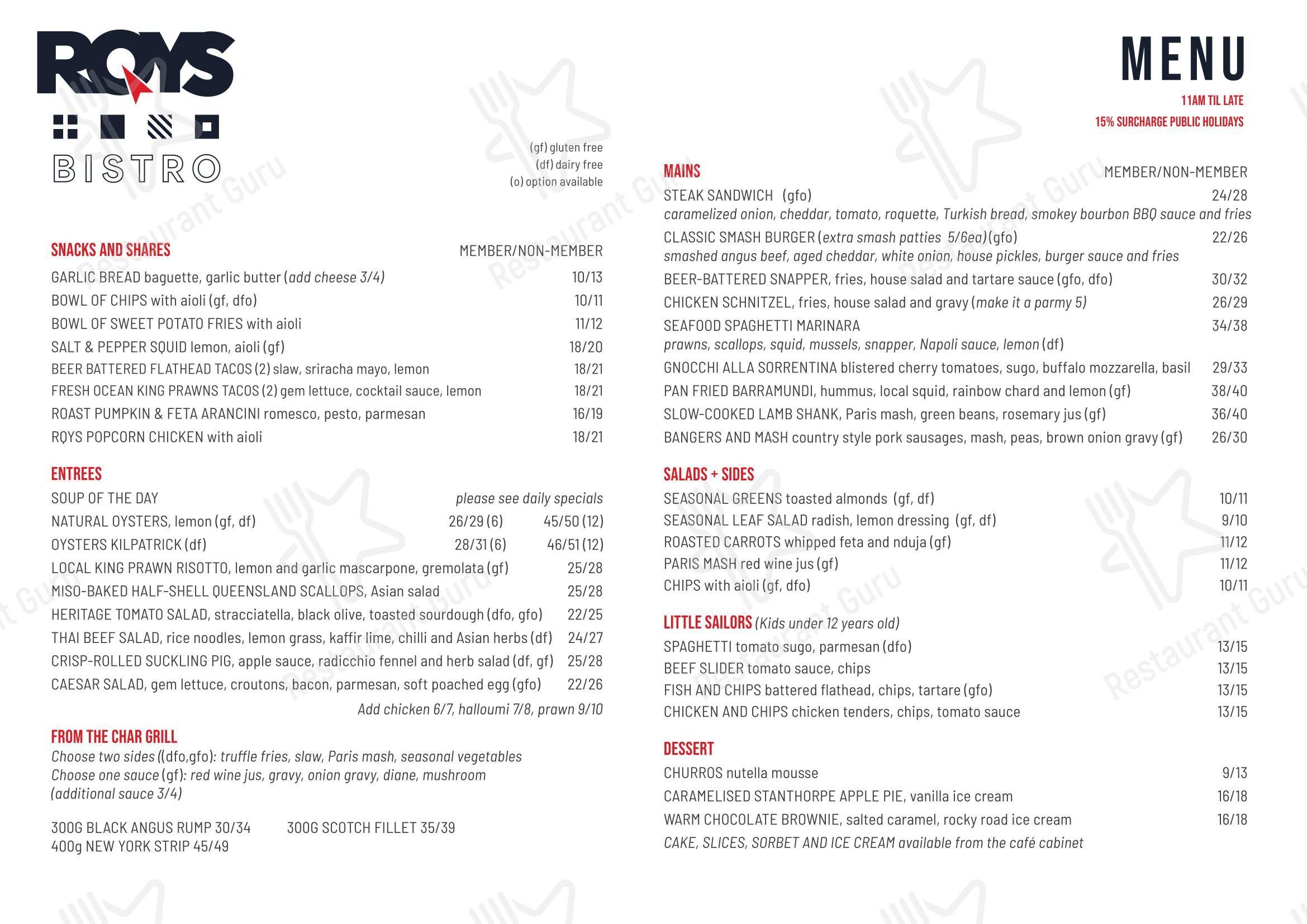 Menu at Royal Queensland Yacht Squadron club, Manly