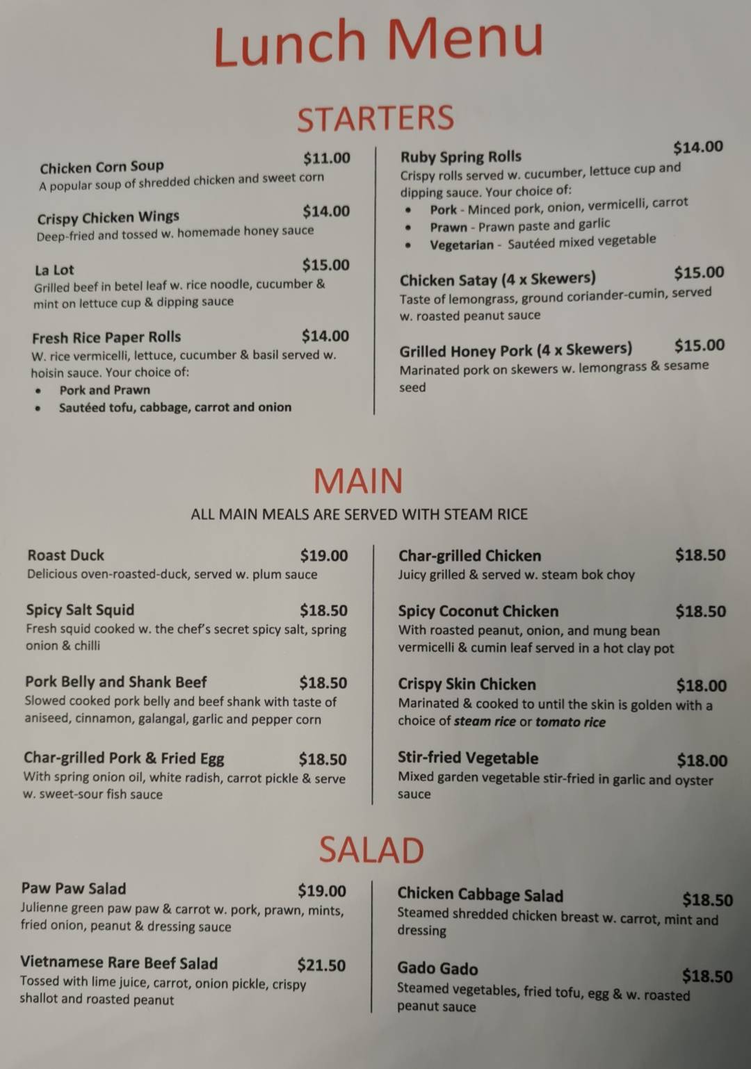 Menu at Ruby Vietnamese Restaurant, Darwin City