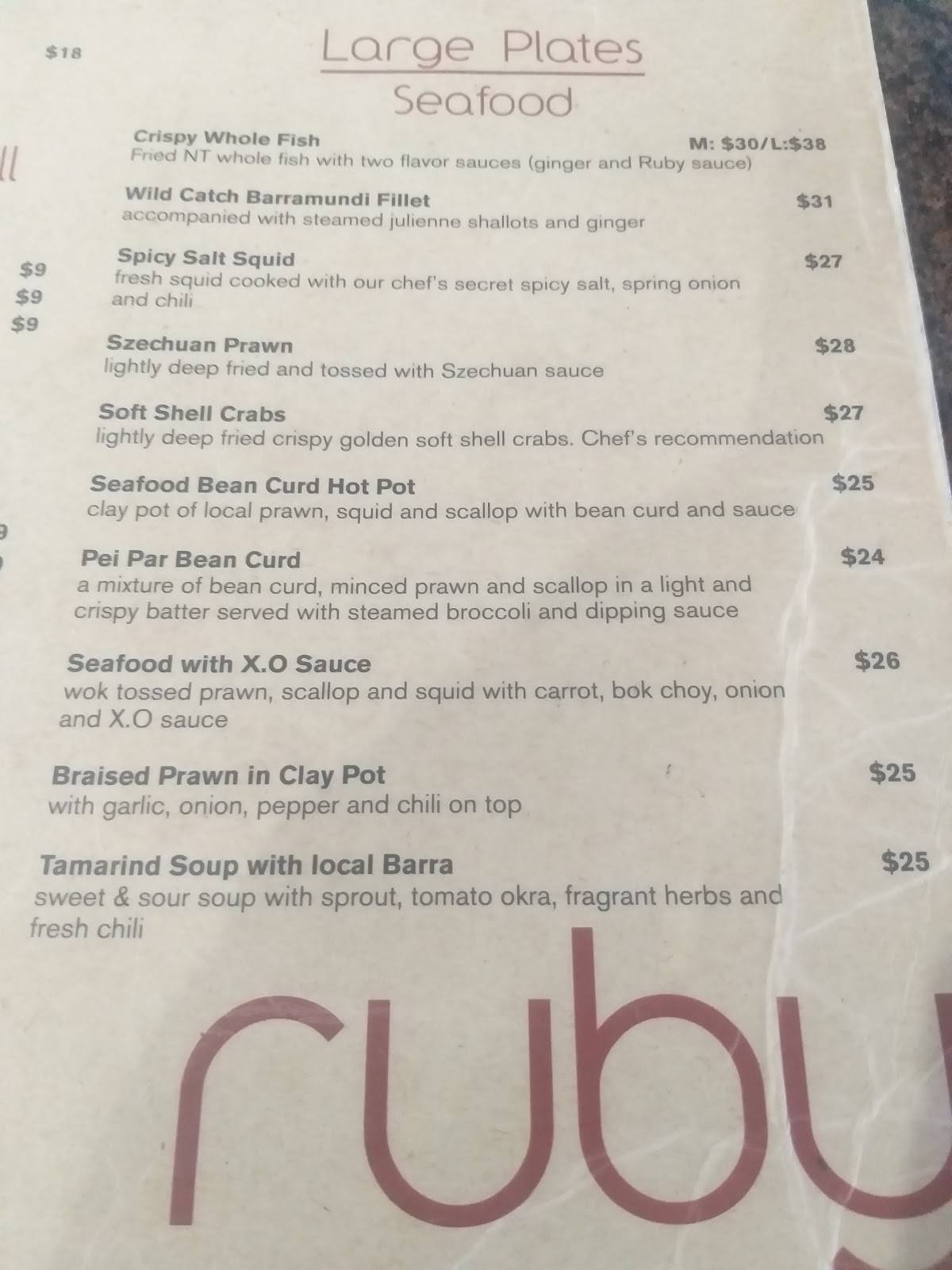 Menu at Ruby Vietnamese Restaurant, Darwin City