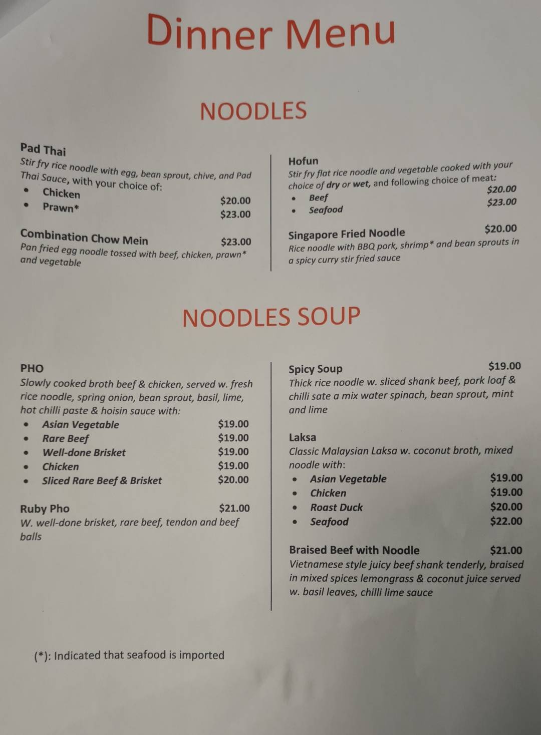 Menu at Ruby Vietnamese Restaurant, Darwin City