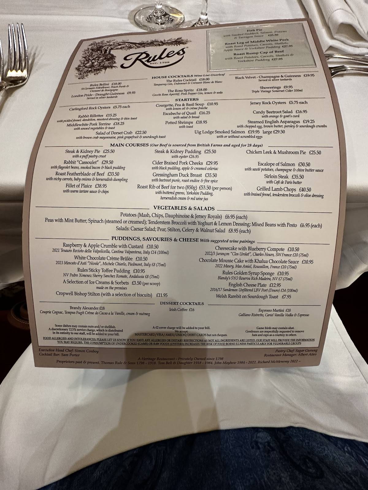 Menu at Rules restaurant, London