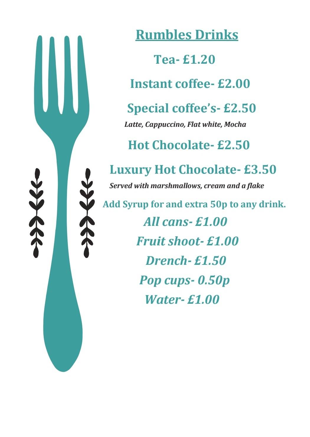 Menu at Rumbles at Vicar Water cafe, Mansfield