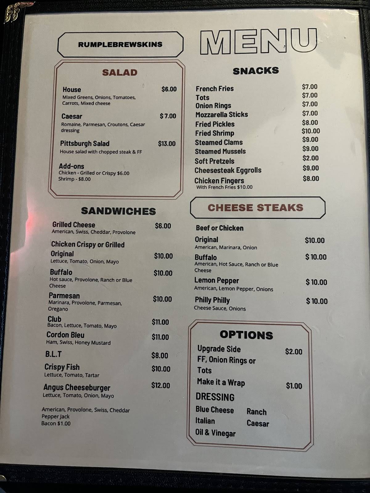 Menu at Rumplebrewskin's Bar, Lancaster