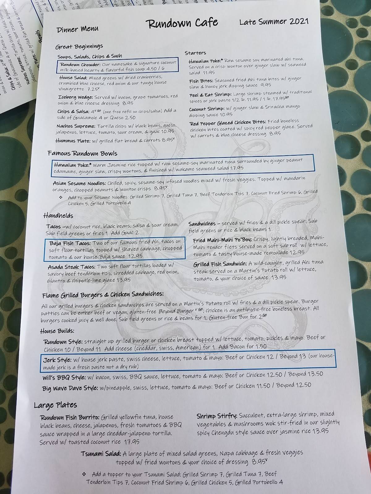 Menu at Rundown Cafe, Kitty Hawk