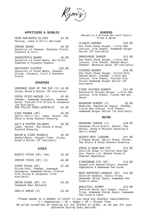 Carta de Ryan's Bar & Restaurant, Dumfries